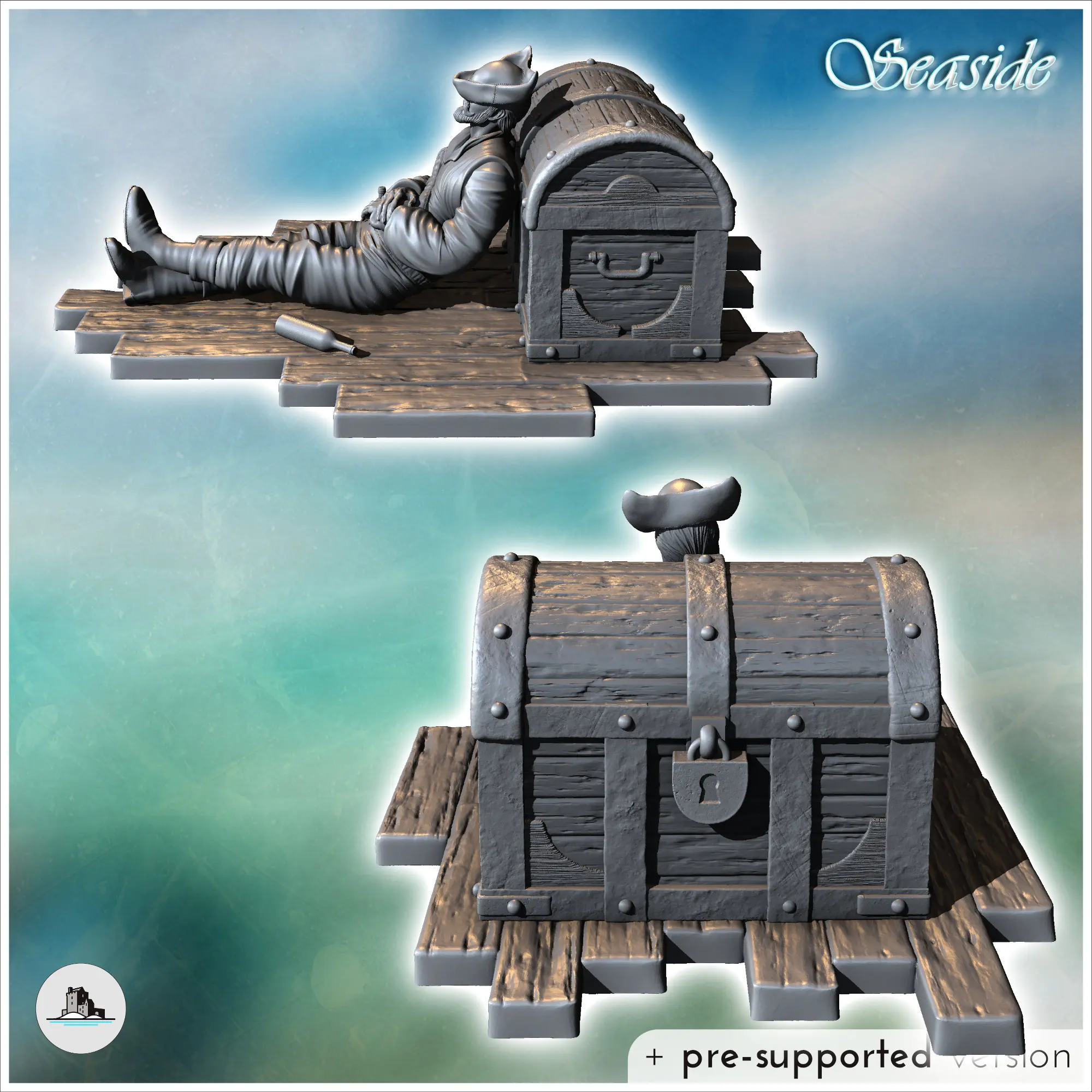 Pirate sleeping on a treasure chest with bottles on the grou | 3D ...