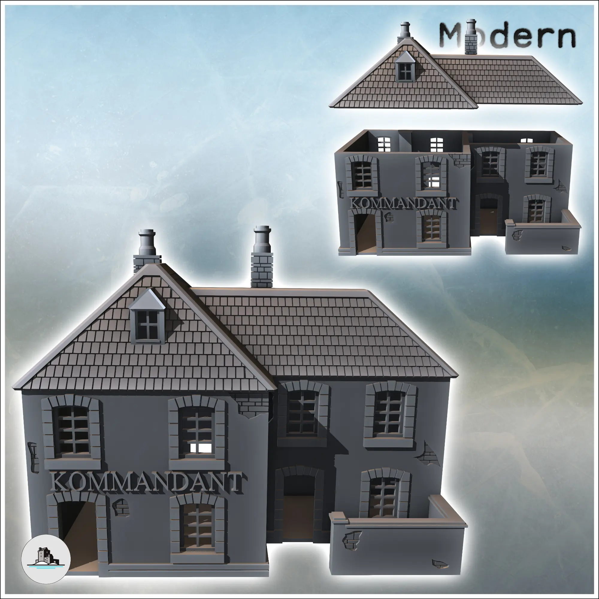 Other STL Download - Commander's house with damaged walls, slate roof ...