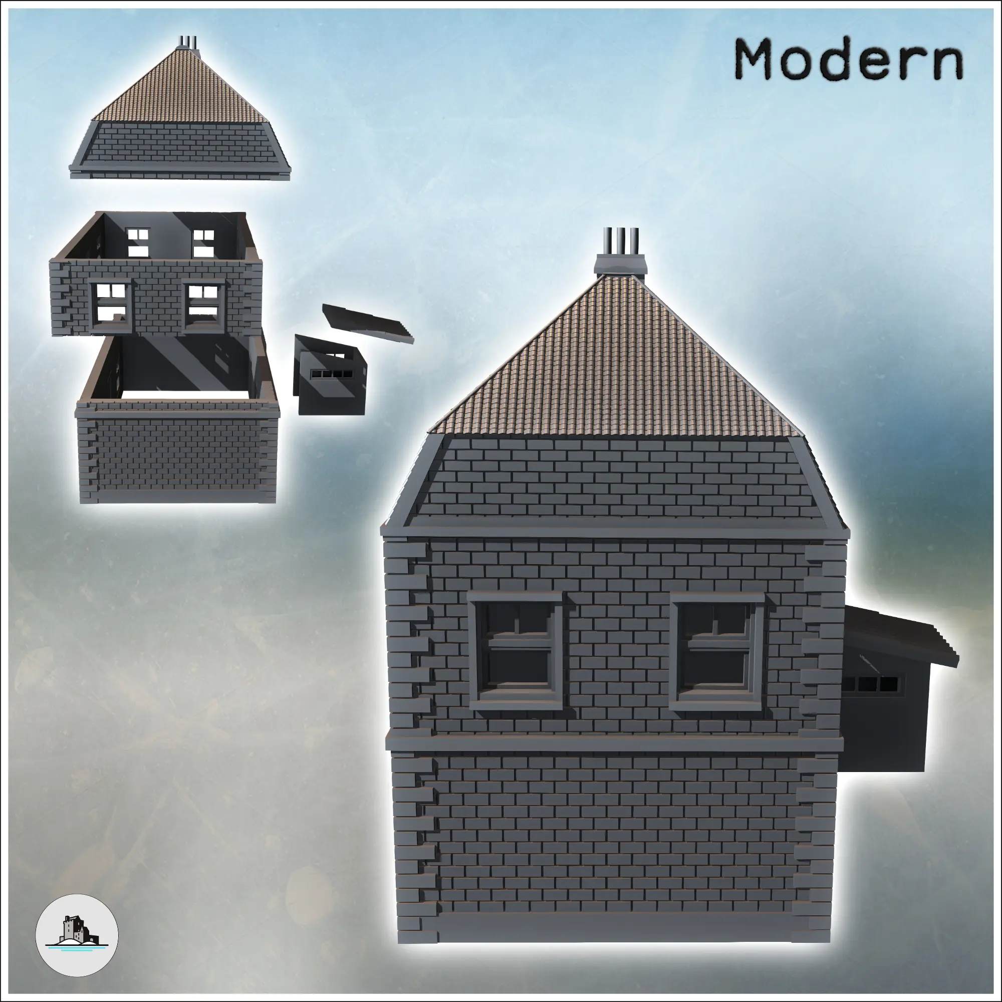 Other STL Download - Brick building with two annexes and mansard roof ...
