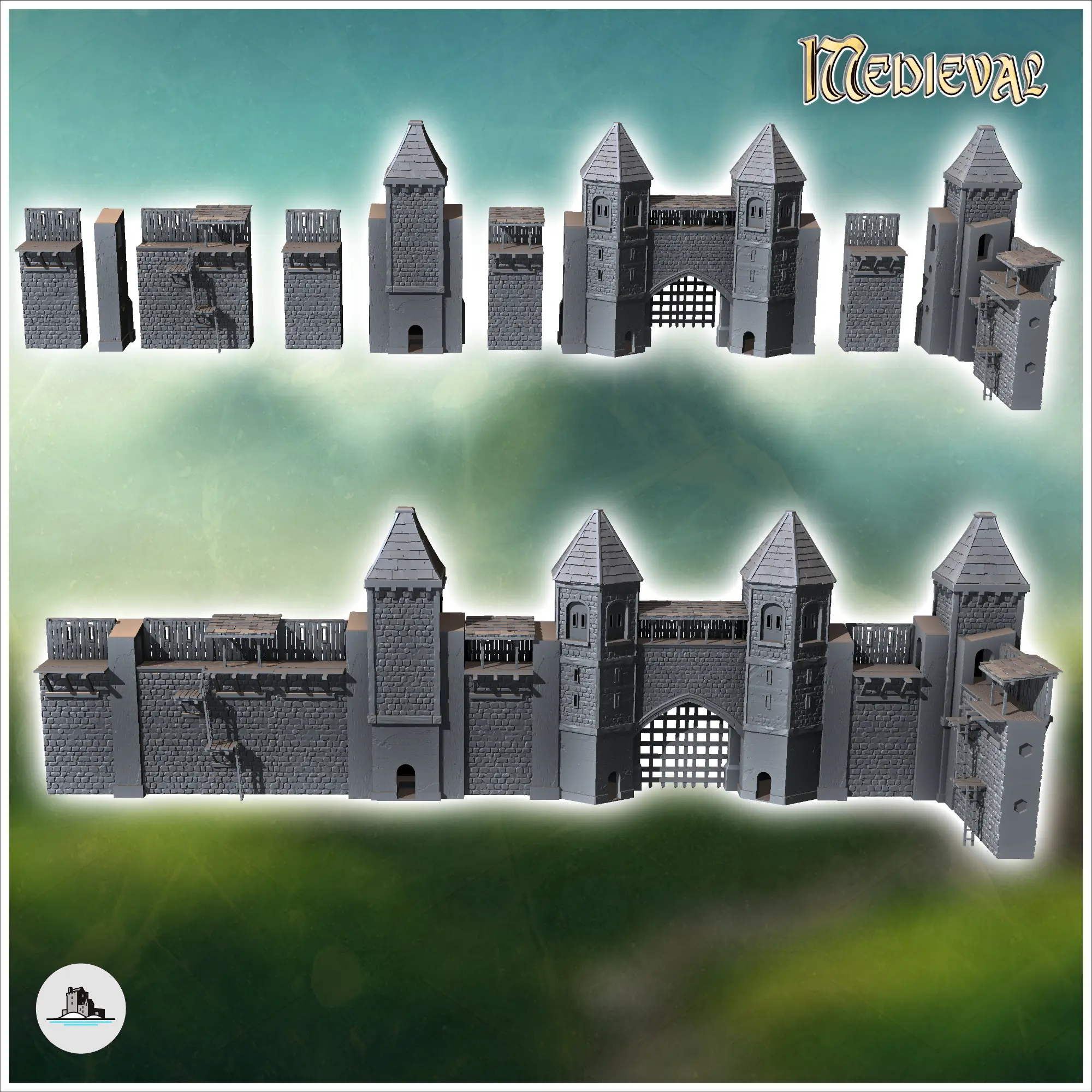 Modular set of medieval defensive walls with wooden towers a | 3D ...