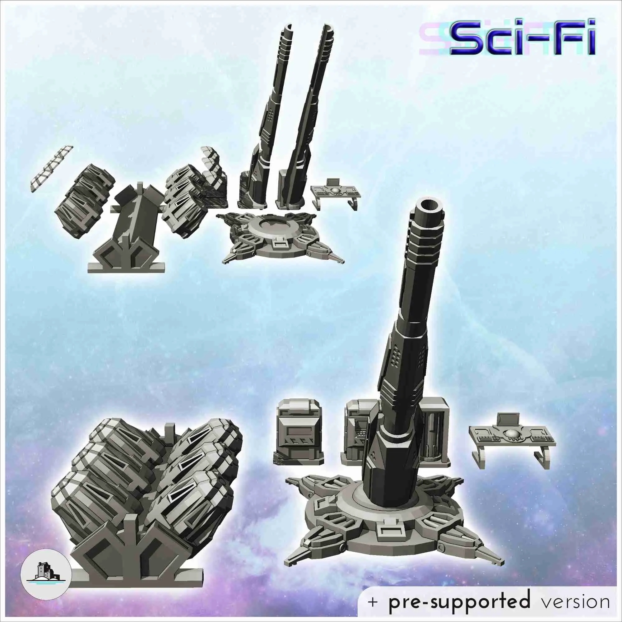 Artillery set with large long howitzer, batteries and firing | 3D ...