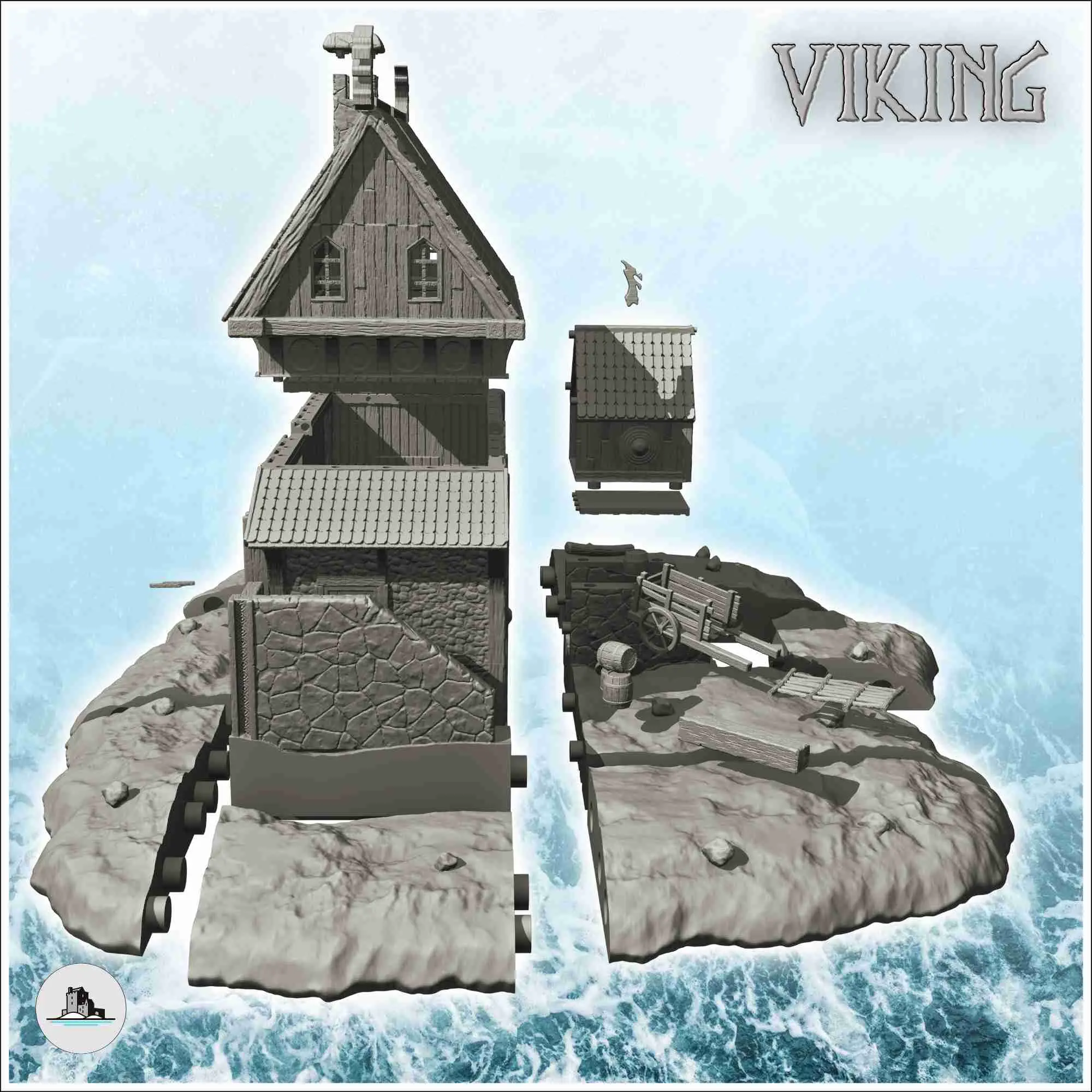 Large wooden and stone Viking house with carved stairs and a | 3D ...