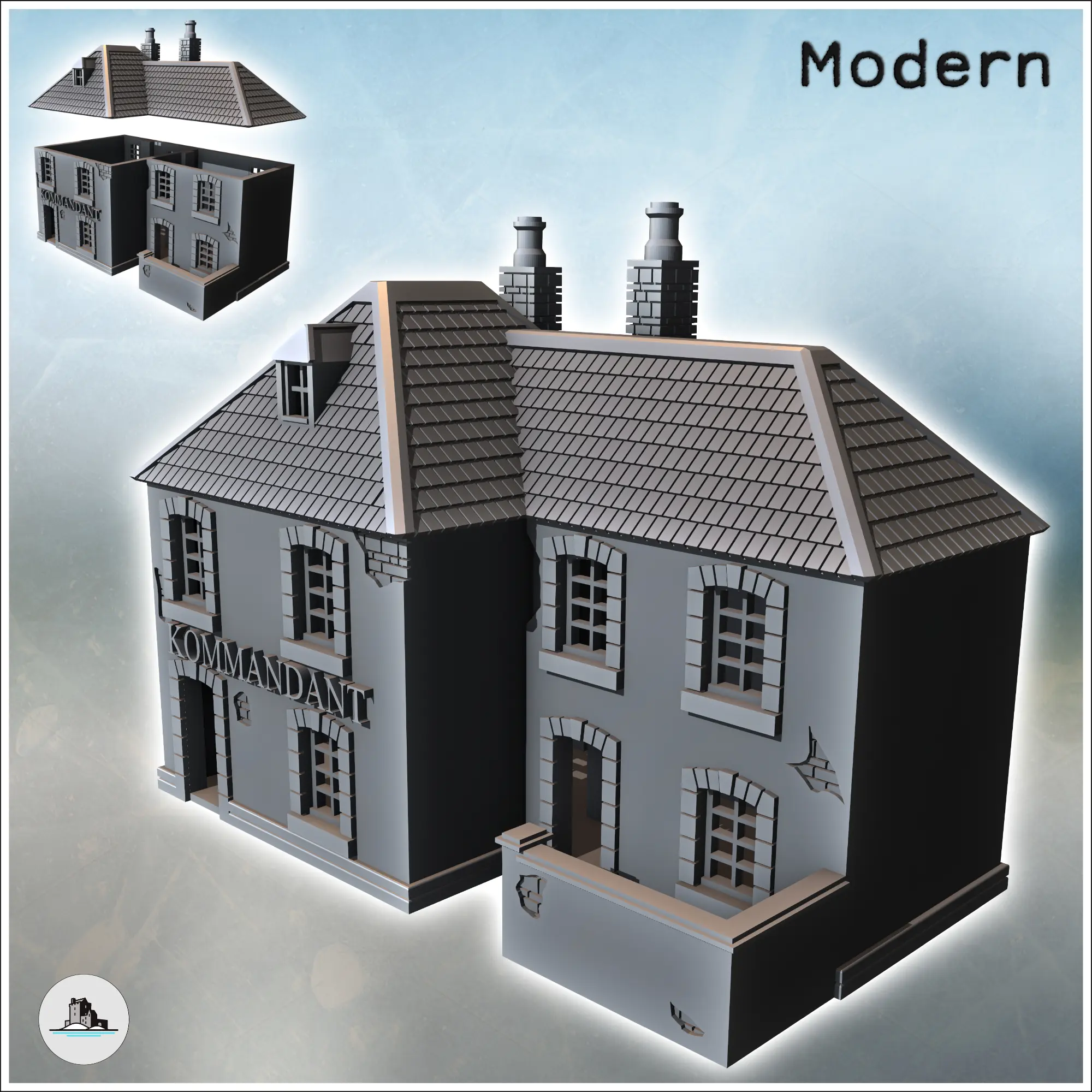 Other STL Download - Commander's house with damaged walls, slate roof ...