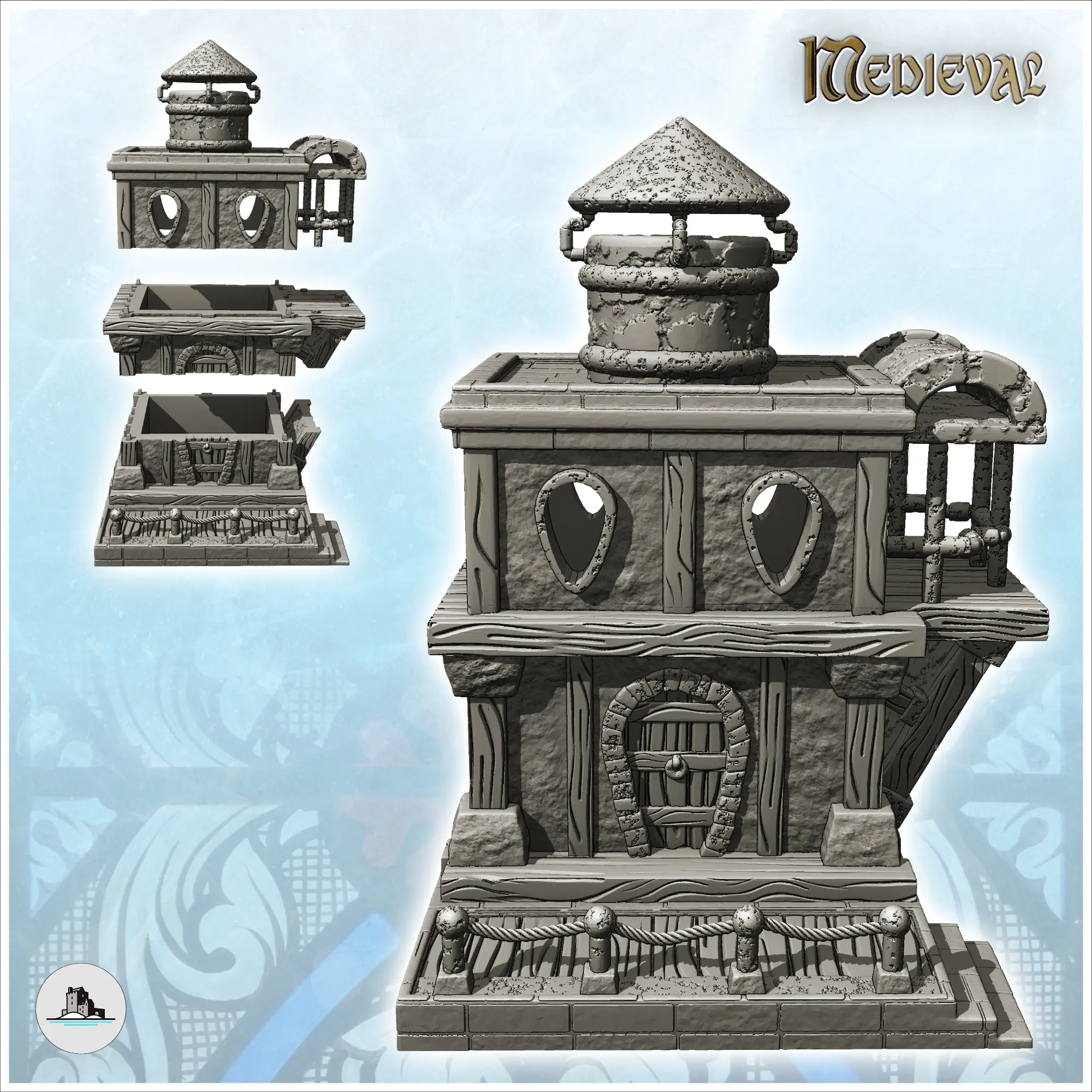 Medieval house with wooden platform and overhanging columned | 3D ...