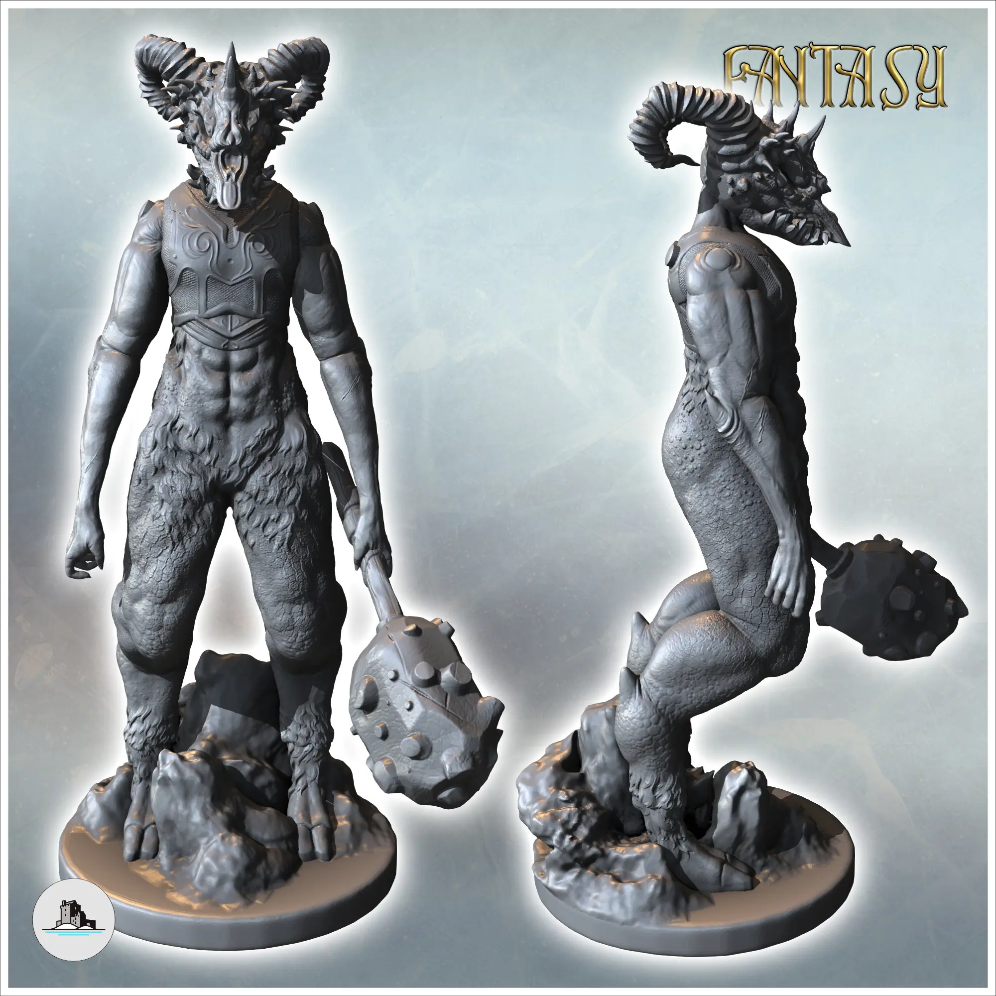 Demon with double horns standing, holding a mace in hand, an | 3D ...