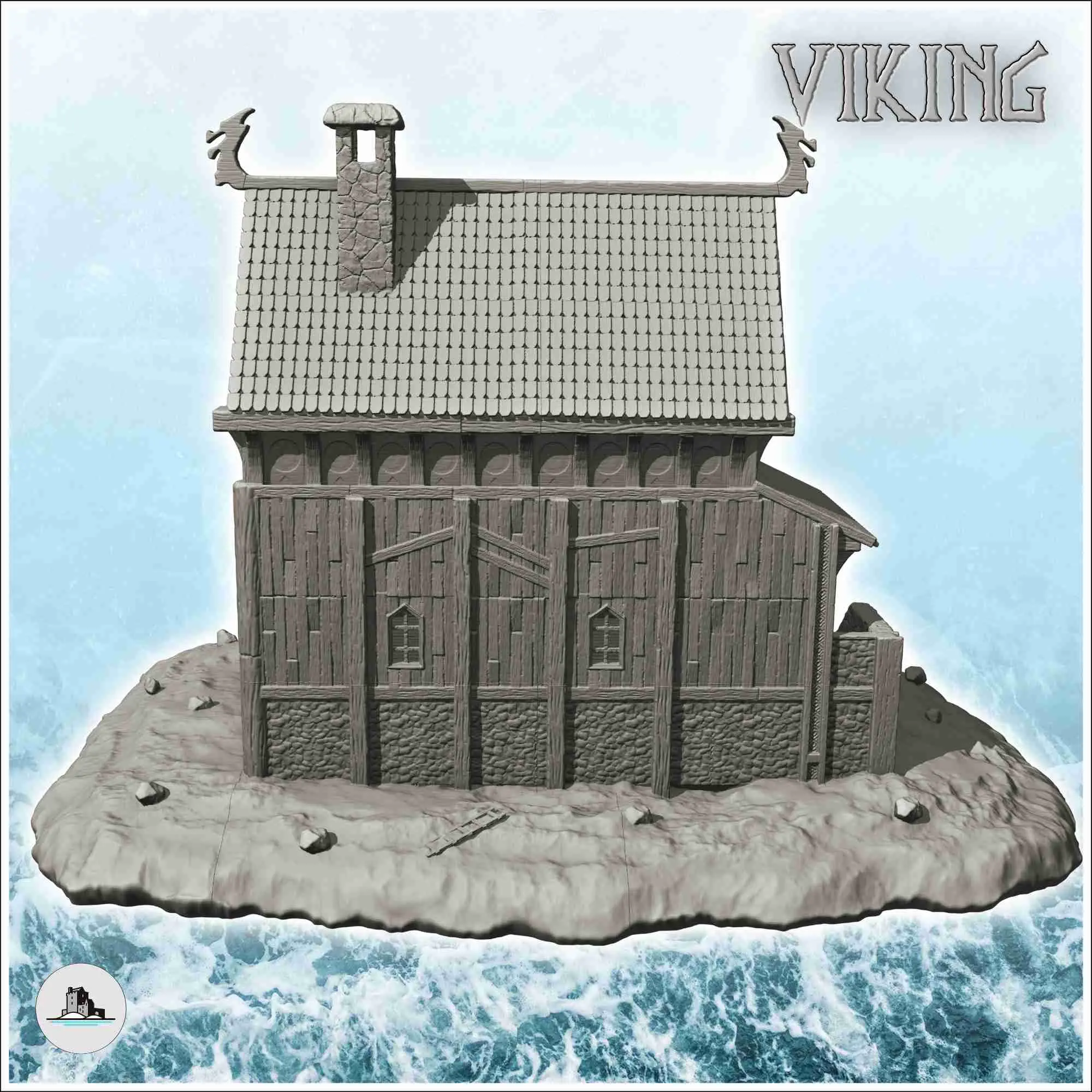 Large wooden and stone Viking house with carved stairs and a | 3D ...