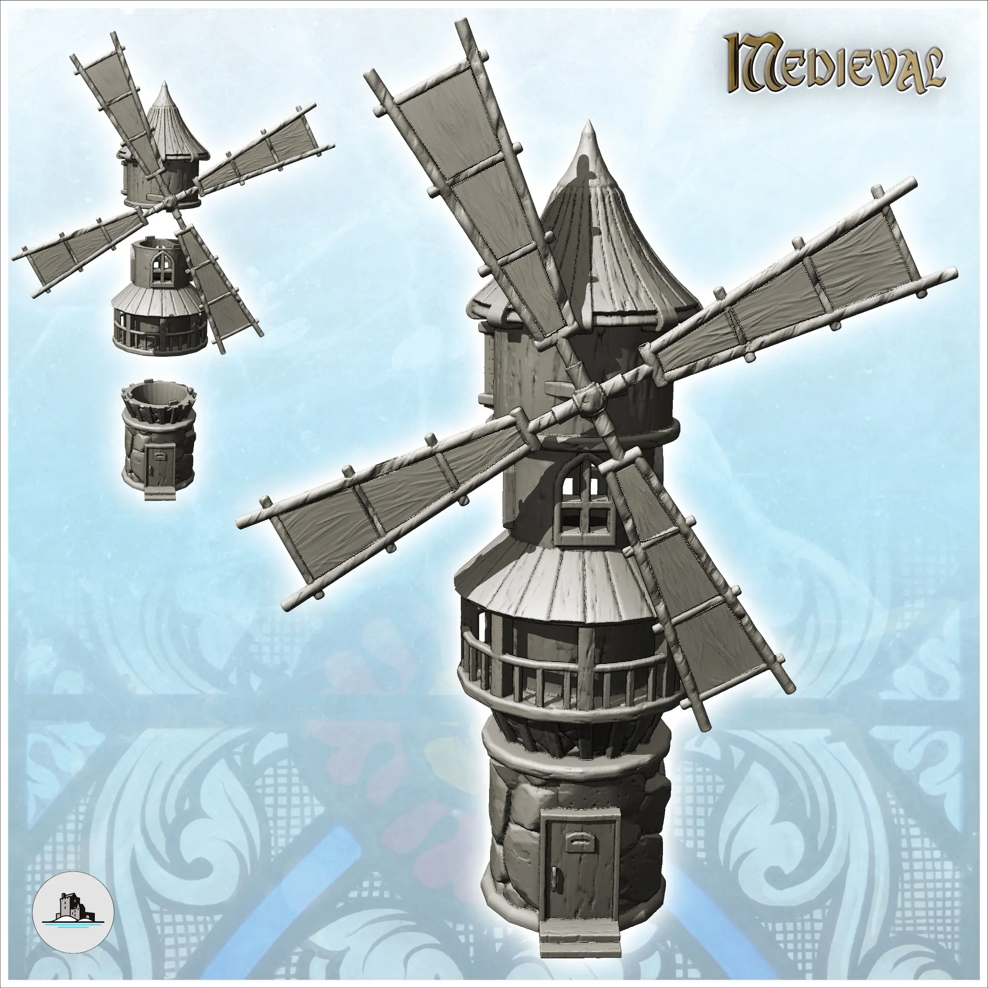 Large tower-shaped medieval mill with exposed stone base (5) | 3D ...