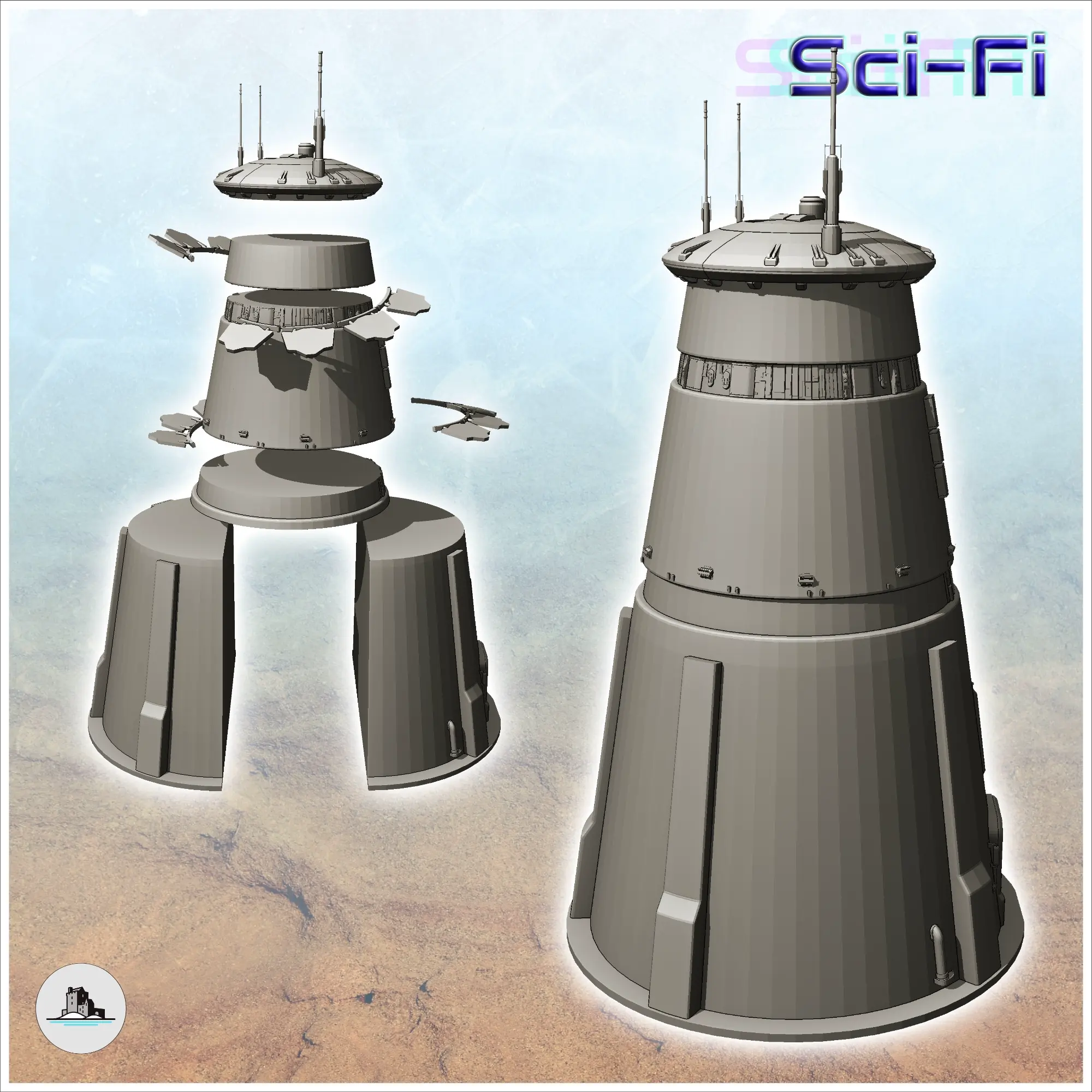 Props & Terrain STL Download - Futuristic round cone tower with roof ...