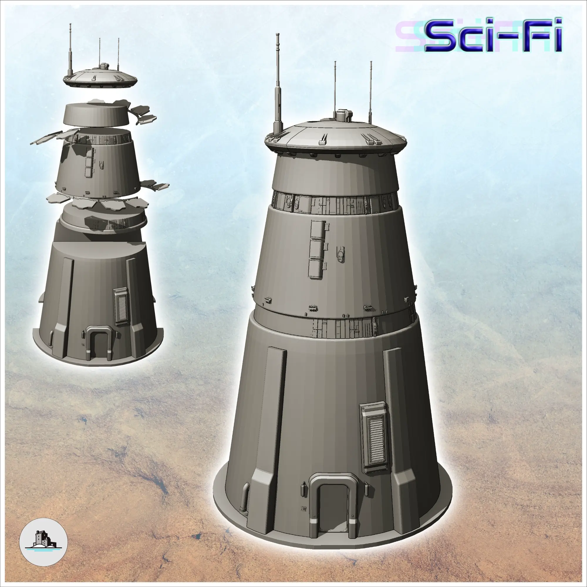 Props & Terrain STL Download - Futuristic round cone tower with roof ...