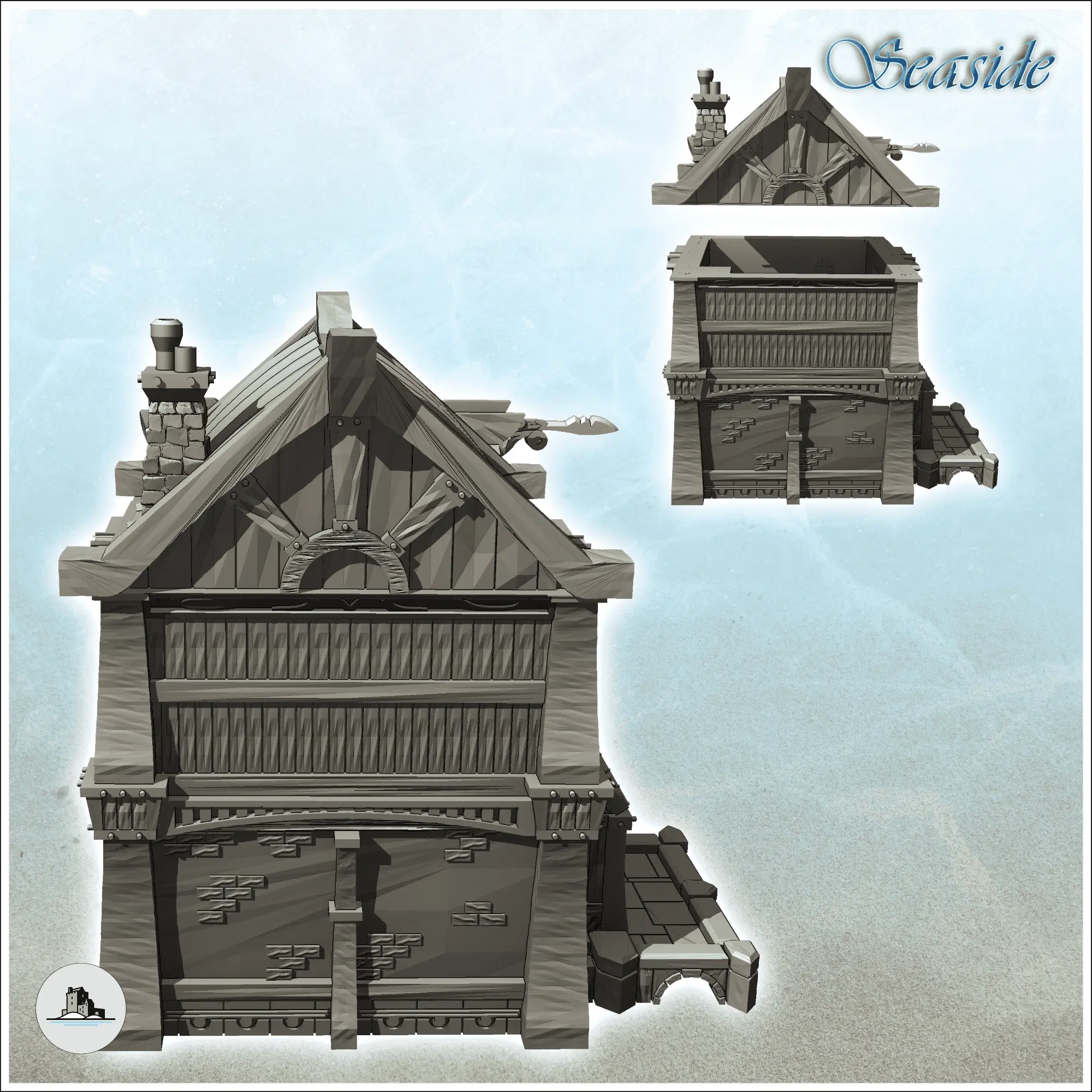 Set of two medieval wooden buildings with stone platform (8) | 3D ...