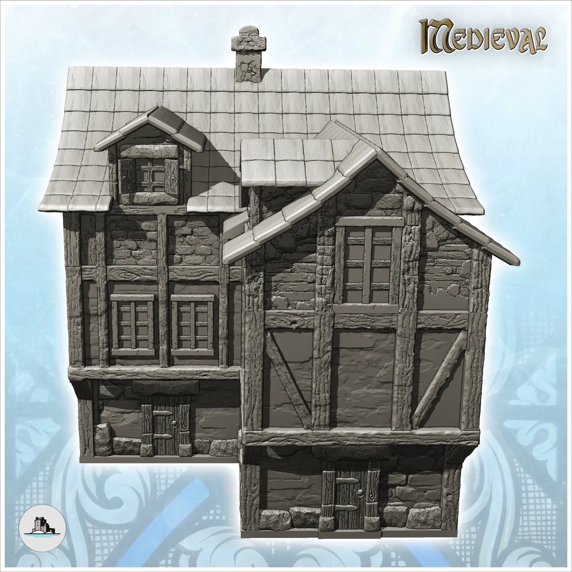 Large medieval house with offset storey and pitched roof wit | 3D ...