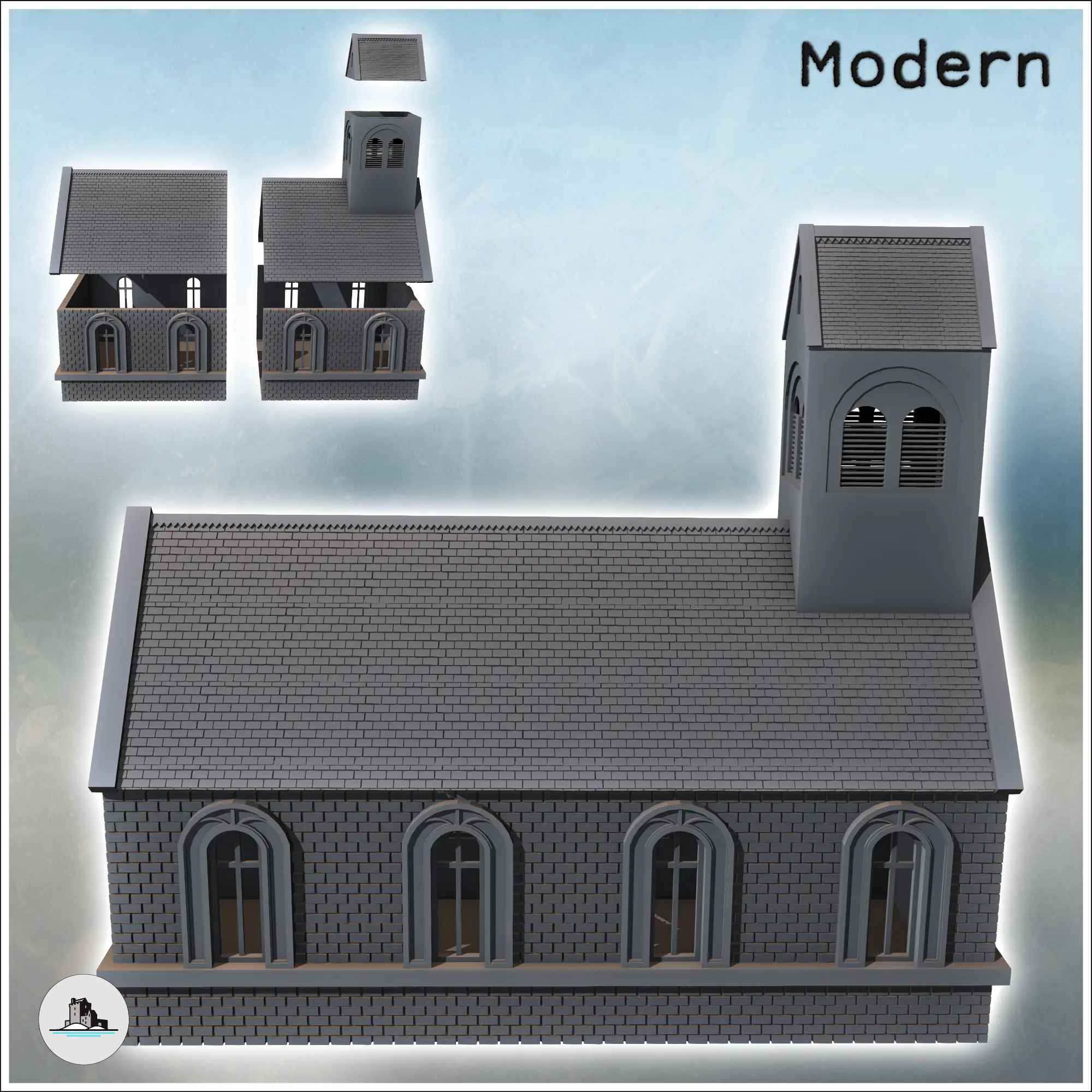 Brick church with multiple windows and a steeple (4) - minia | 3D ...