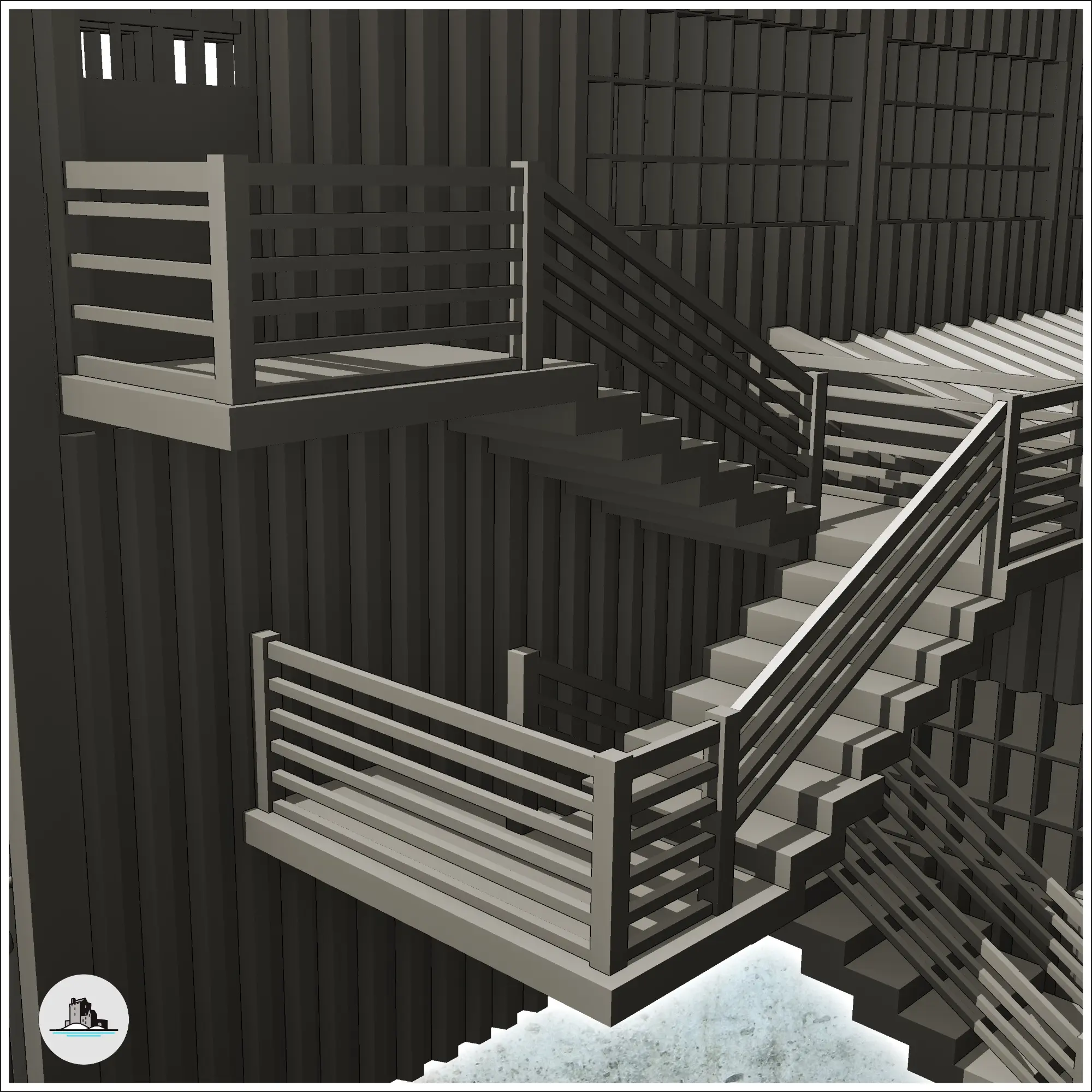 Large modern warehouse with exterior stairs and multiple acc | 3D ...