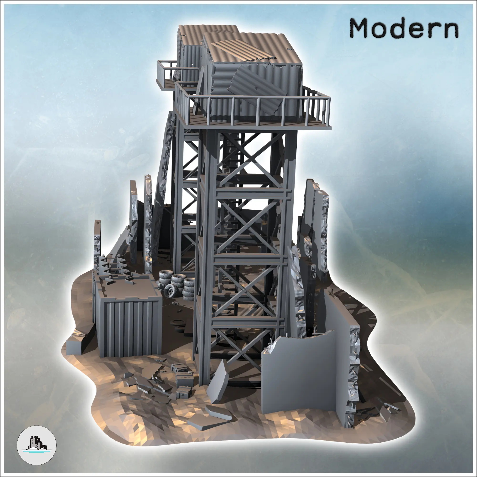 Checkpoint with double watchtowers and ruined buildings (13) | 3D ...