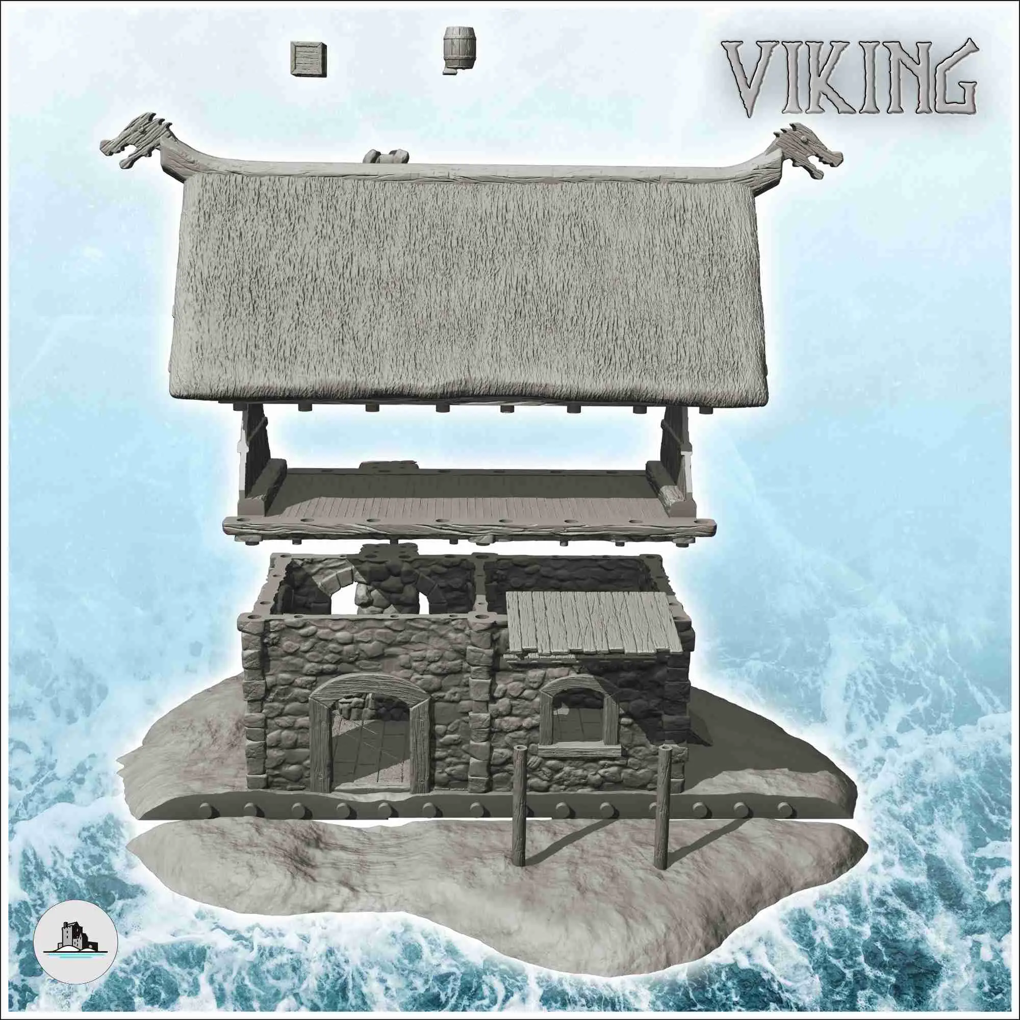 Viking storage shed with thatched roof, canopy and basement | 3D models ...