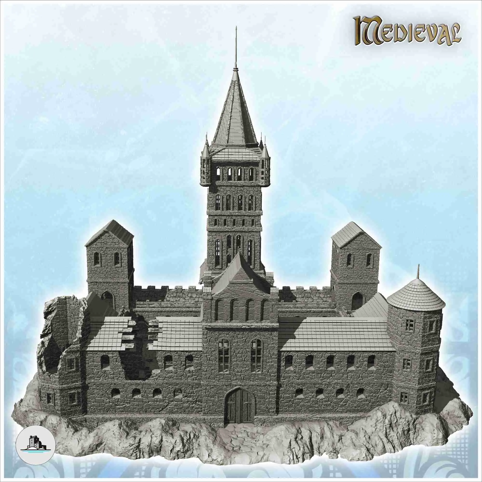 Large damaged stone castle with corner towers and high soari | 3D ...