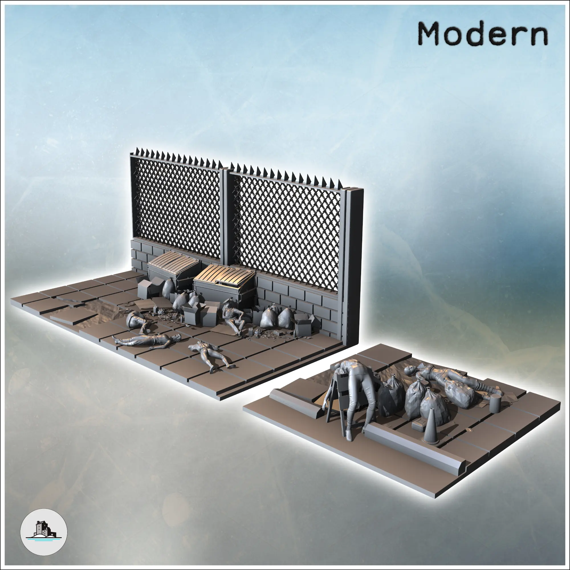 Scenes with apocalyptic zombies on urban streets with fences | 3D ...