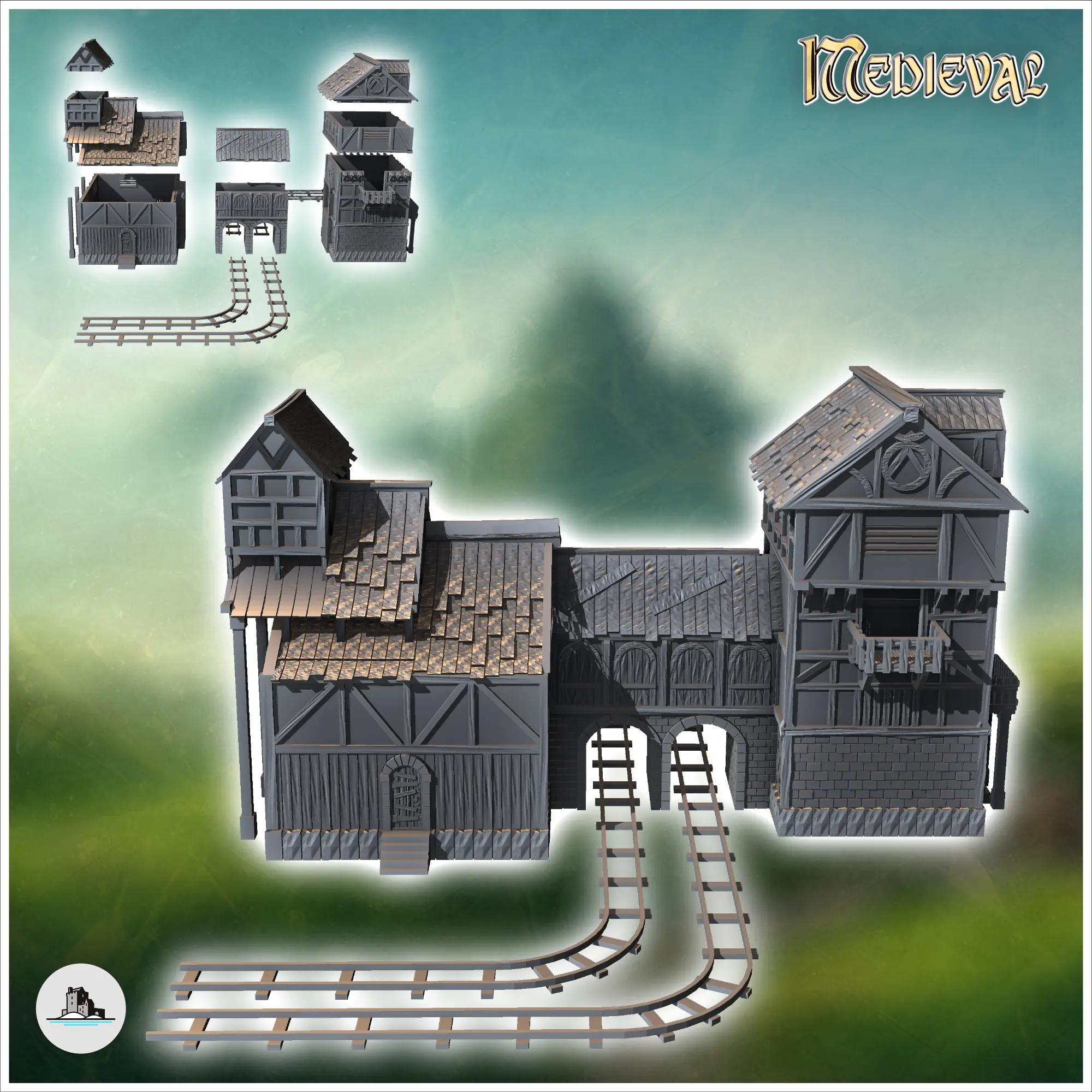 Medieval mine building with double central arch and rails fo | 3D ...