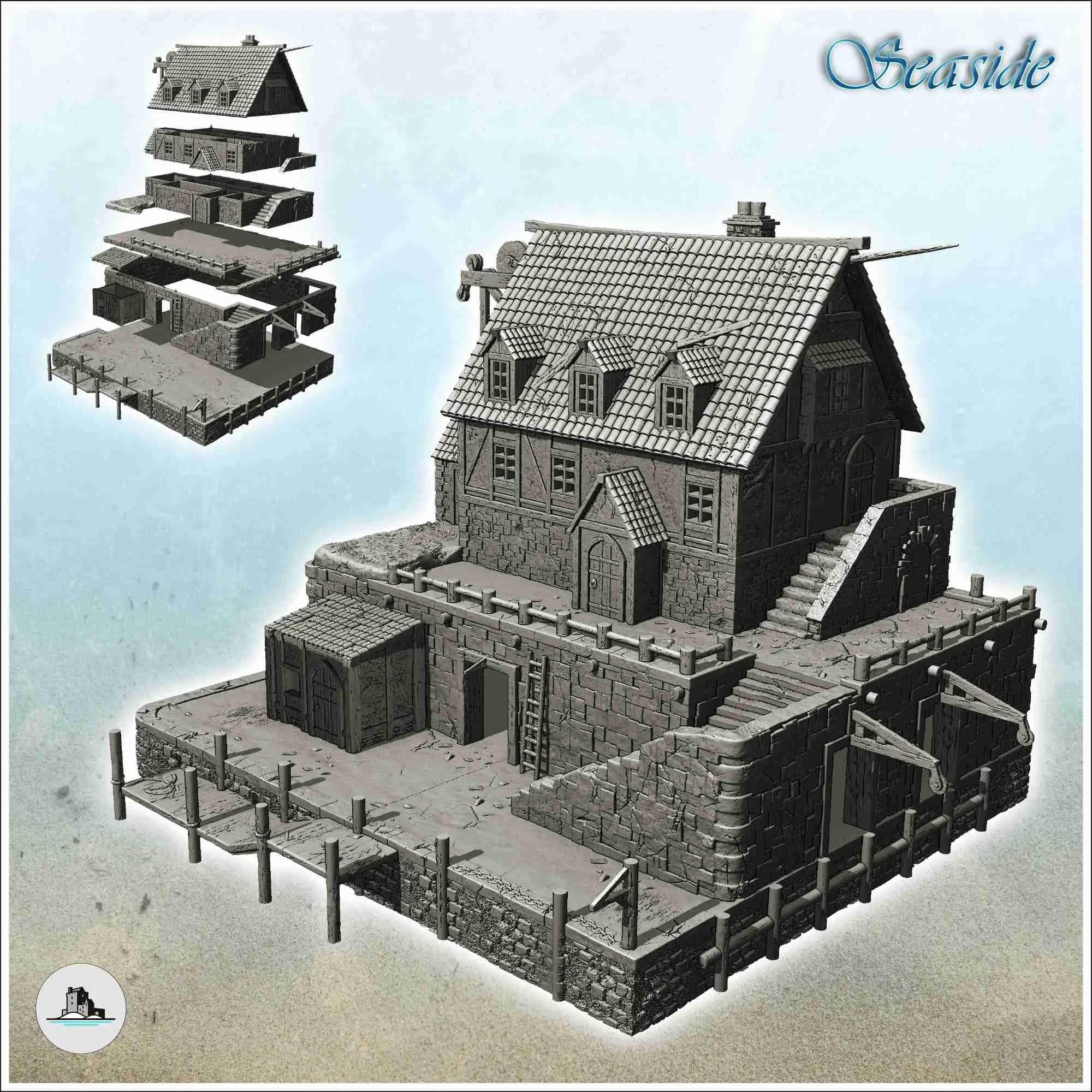 Miniatures STL Download - Large medieval building on stone platform ...