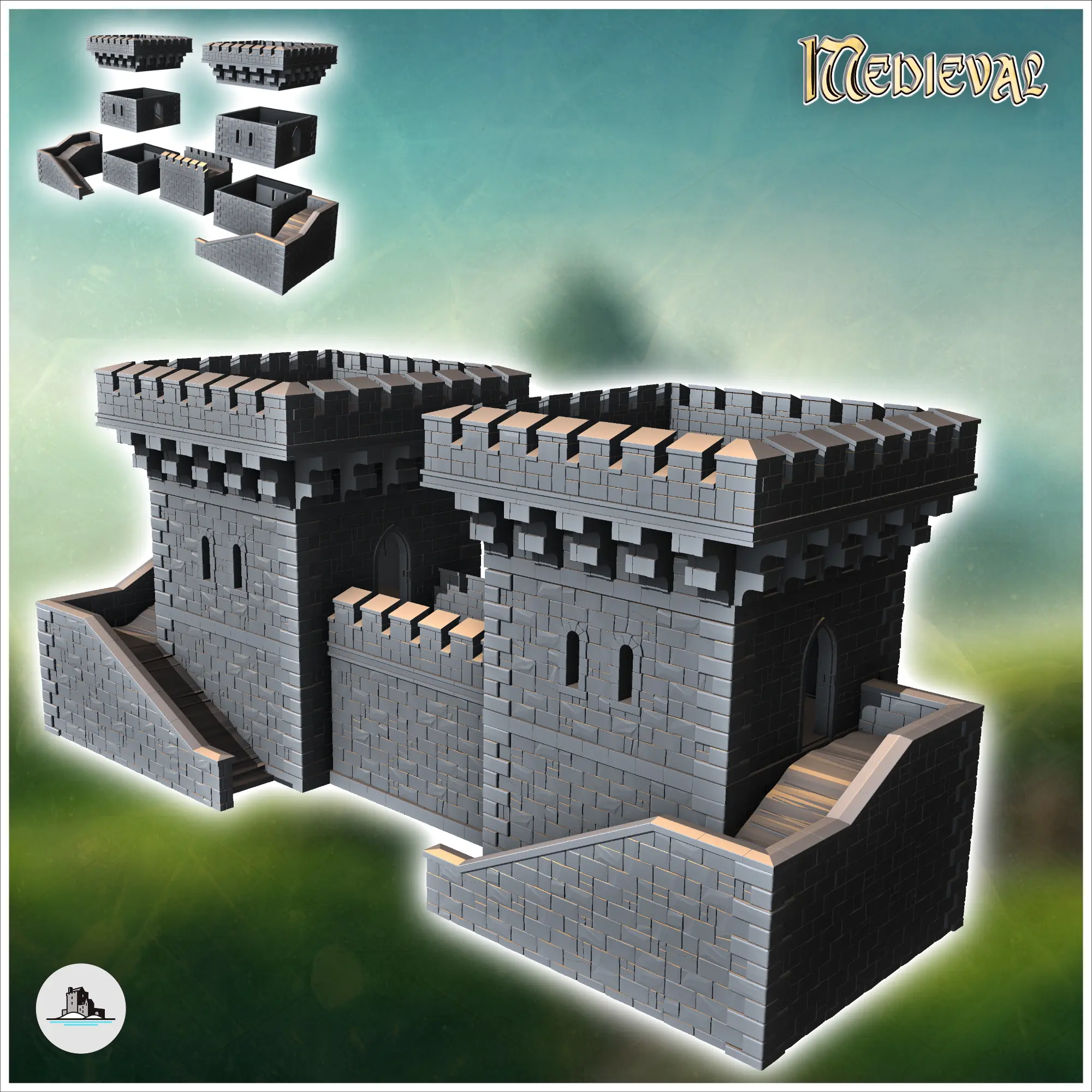 Stone fortress with double towers and access stairs (9) - mi | 3D ...