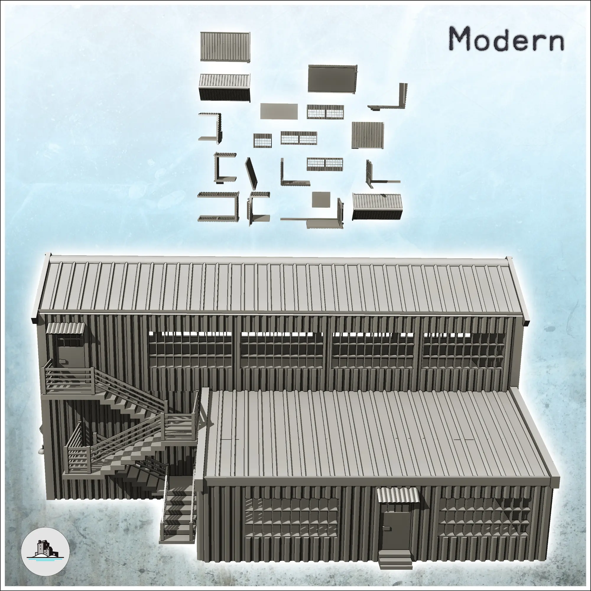 Large modern warehouse with exterior stairs and multiple acc | 3D ...
