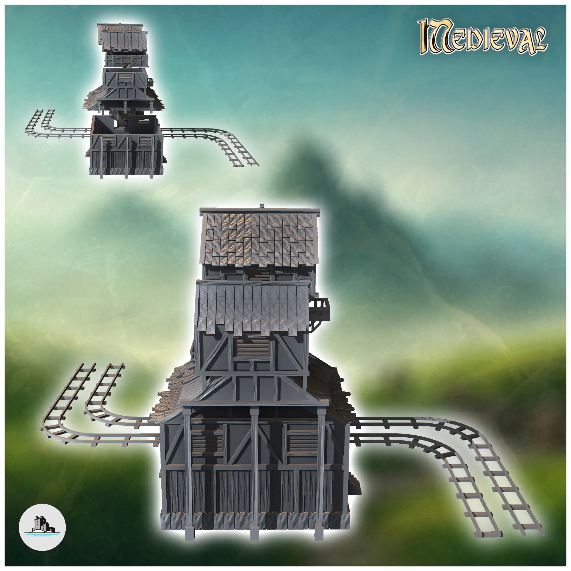 Medieval mine building with double central arch and rails fo | 3D ...
