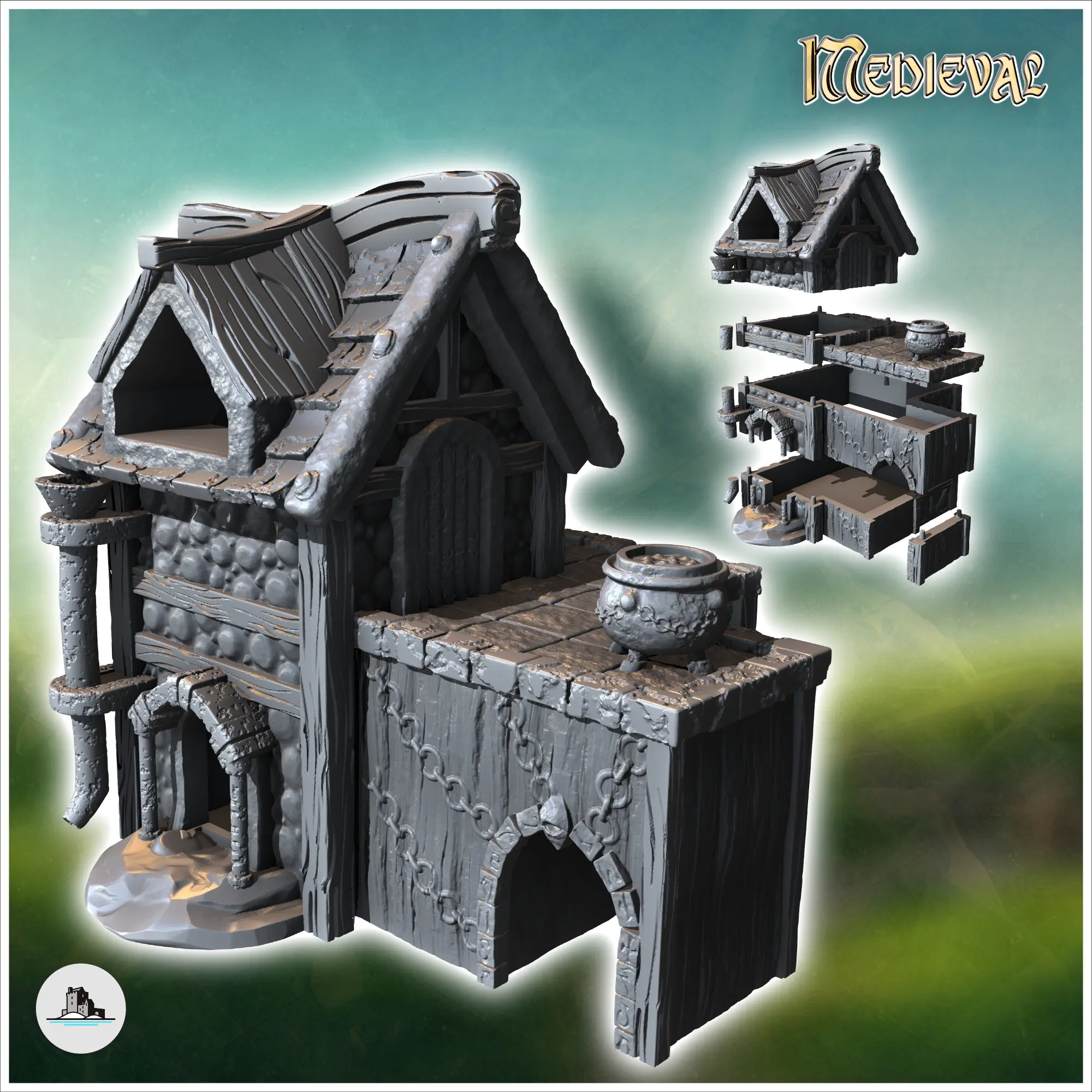 Other STL Download - Medieval building with cauldron outside and annex ...