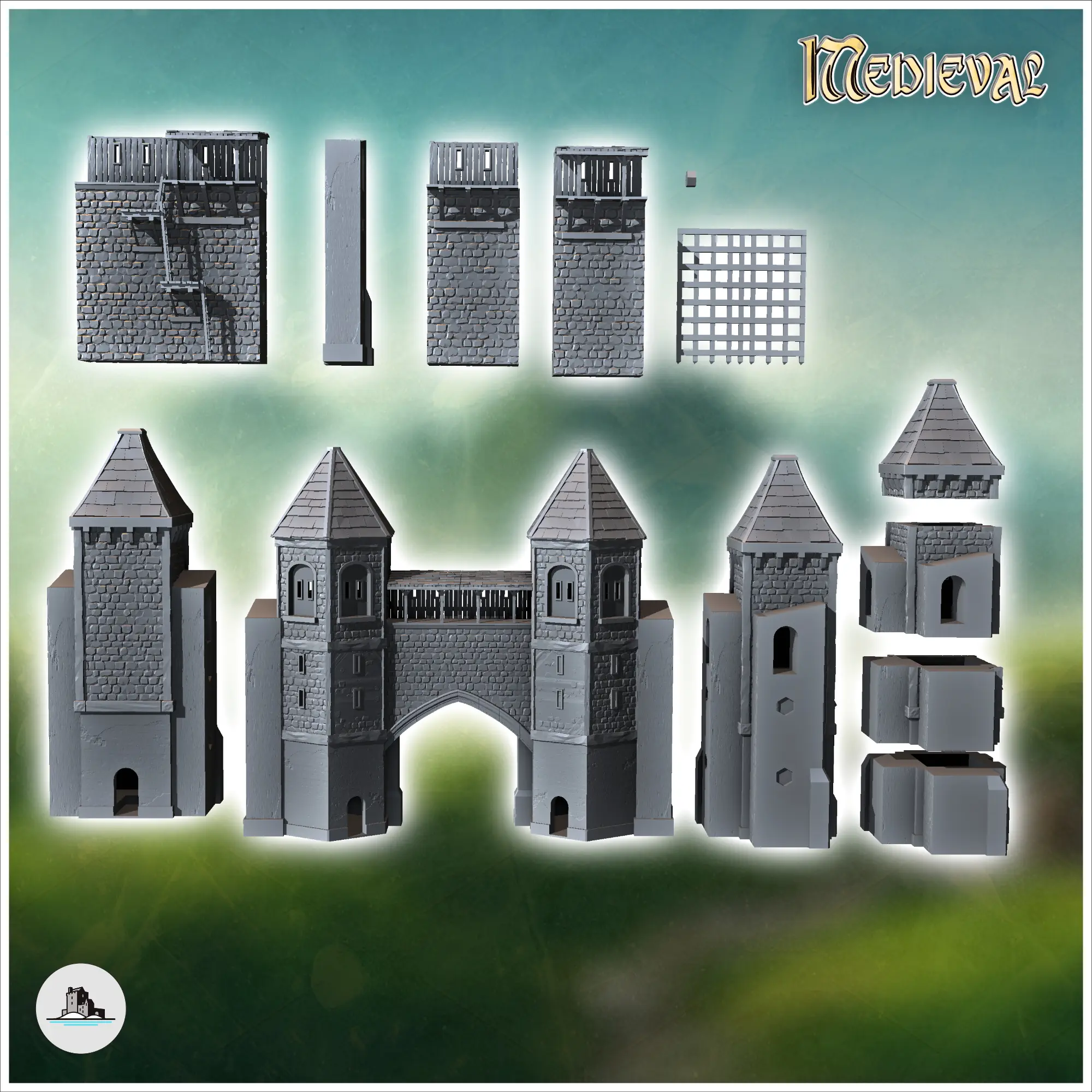 Modular set of medieval defensive walls with wooden towers a | 3D ...