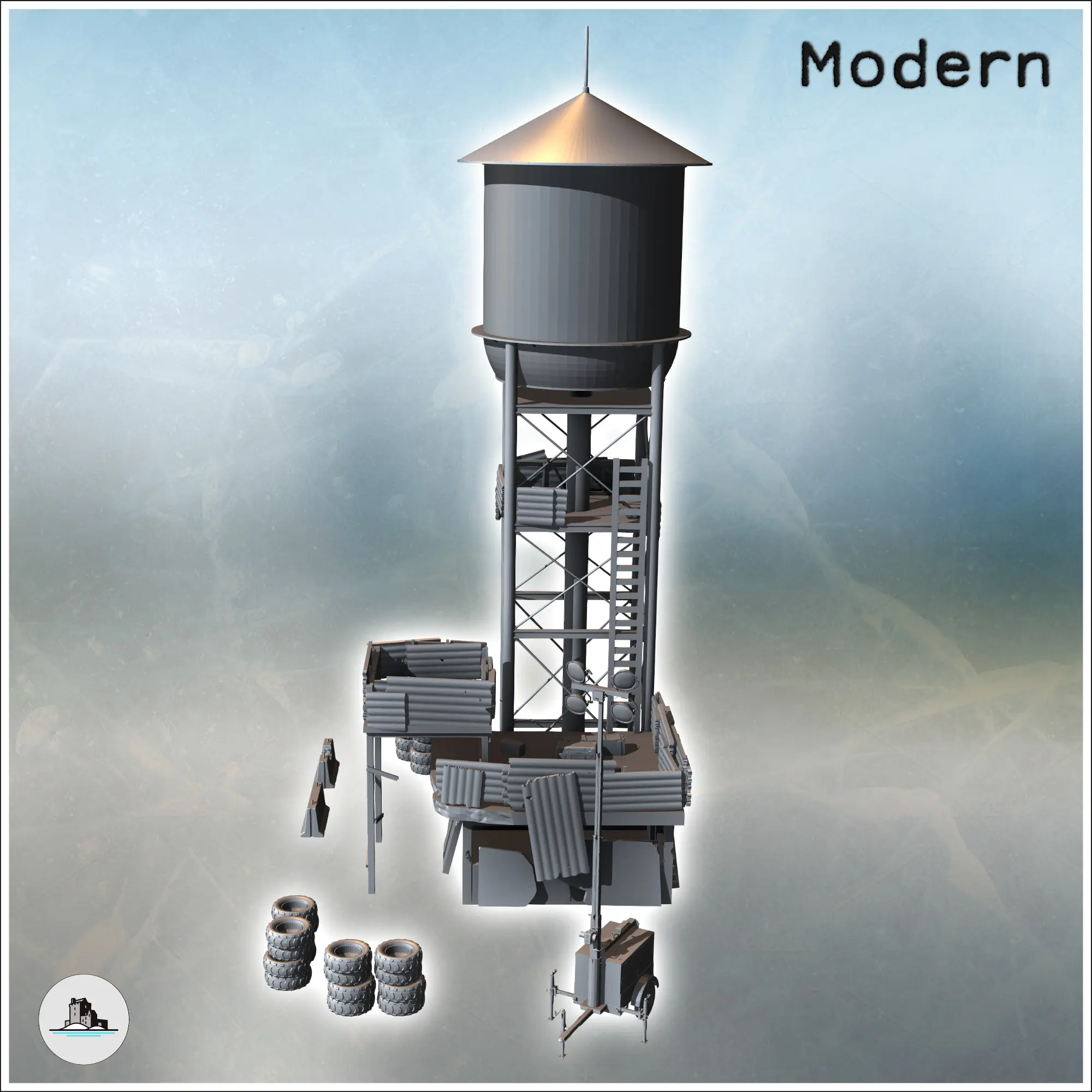 Outpost on water storage tower with lamps and metal defensiv | 3D ...