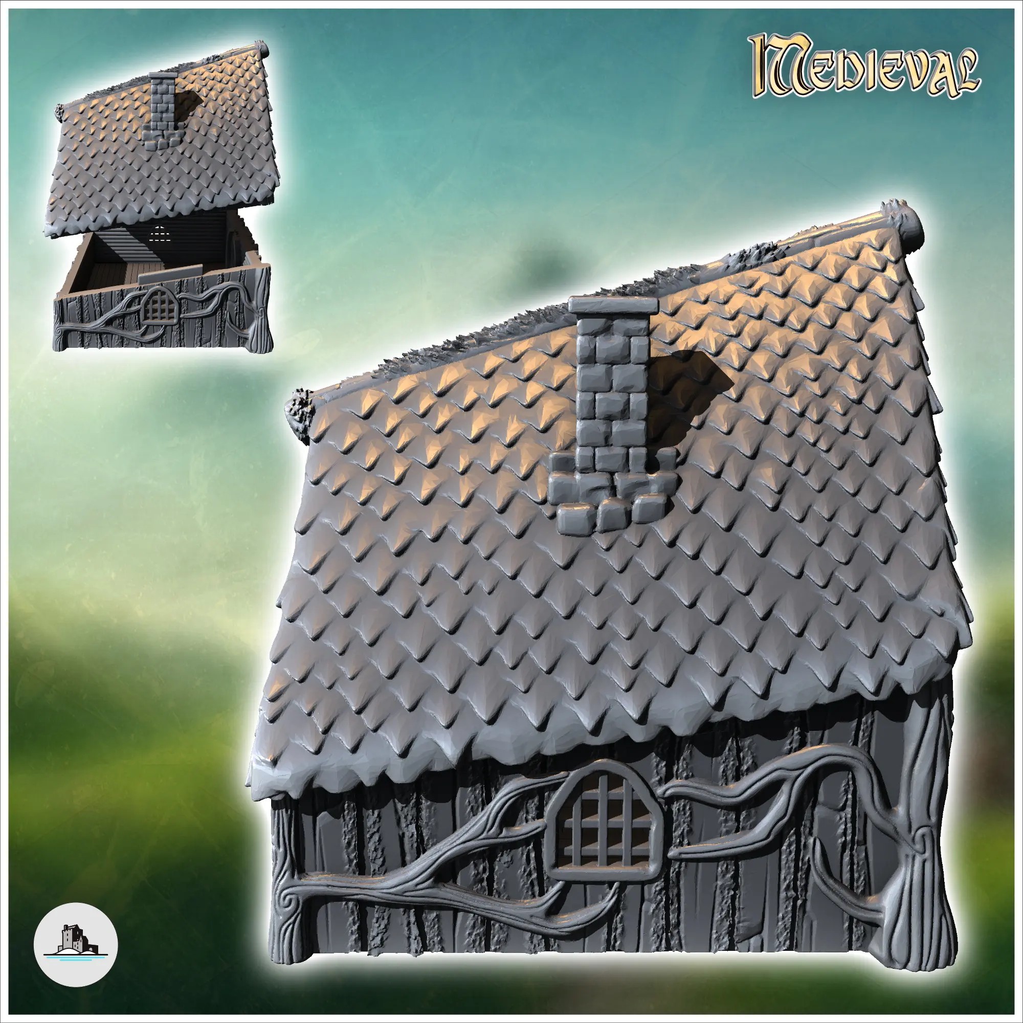 Props & Terrain STL Download - Medieval hobbit house with pitched roof ...