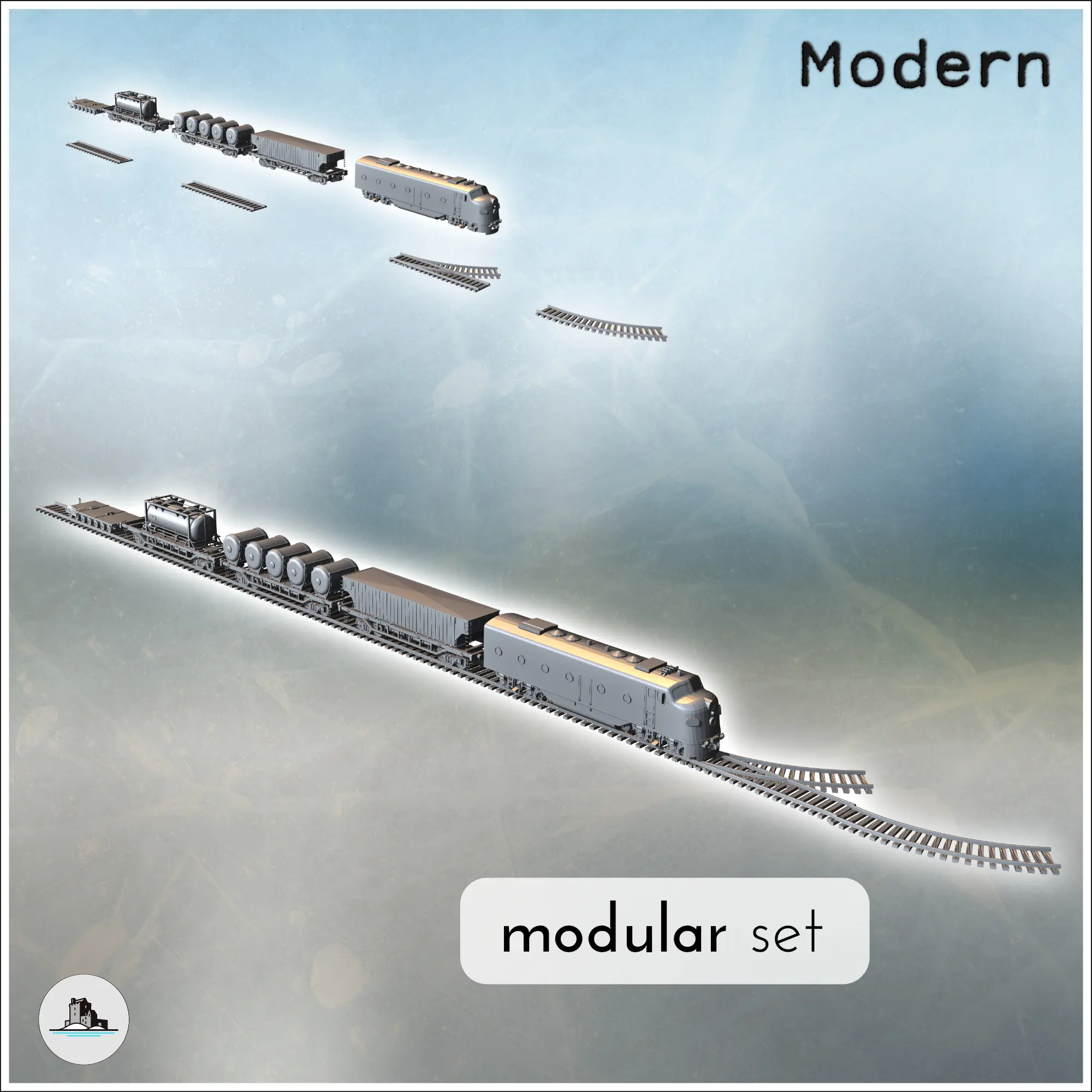 Modular railway convoy set with diesel locomotive, industria | 3D ...