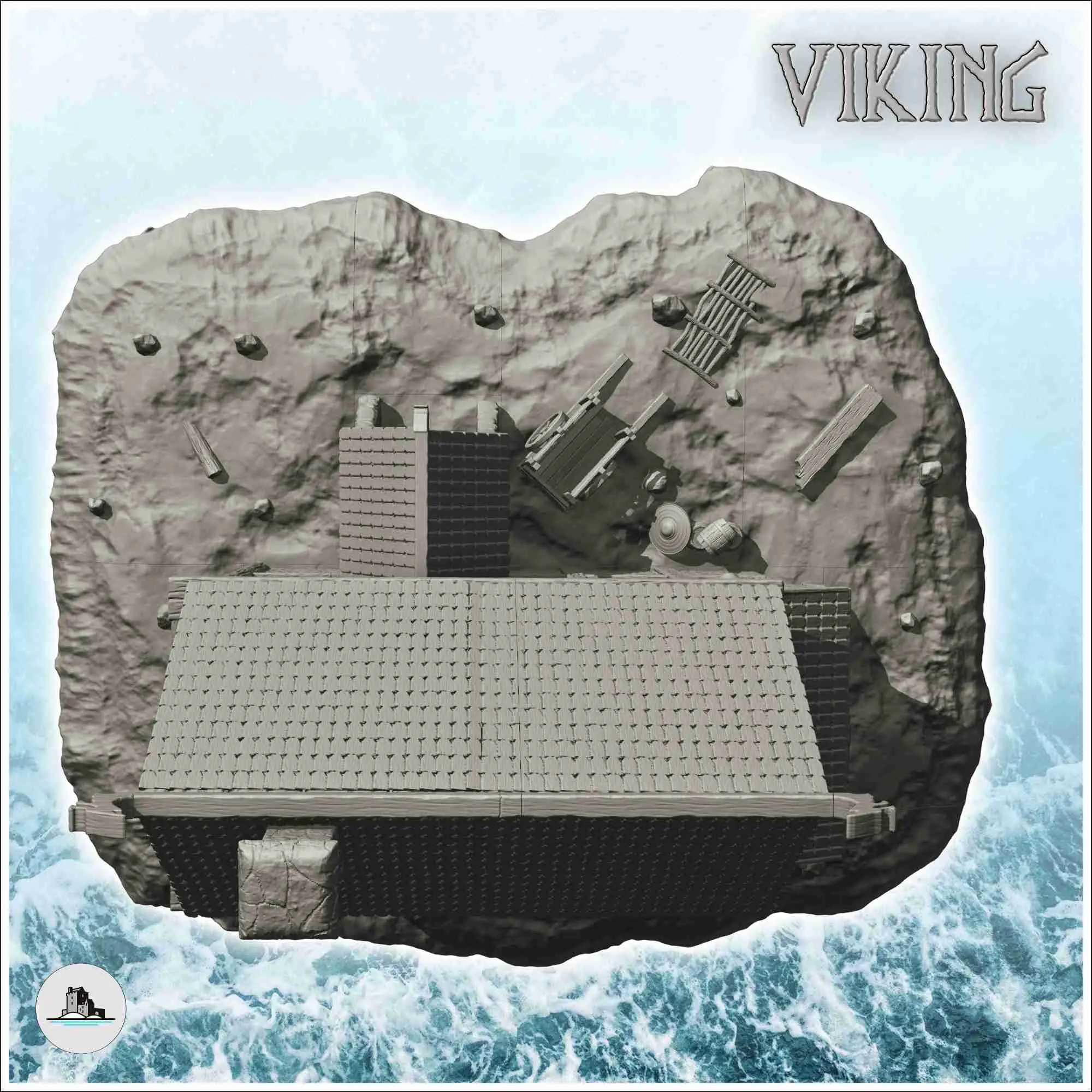 Large wooden and stone Viking house with carved stairs and a | 3D ...