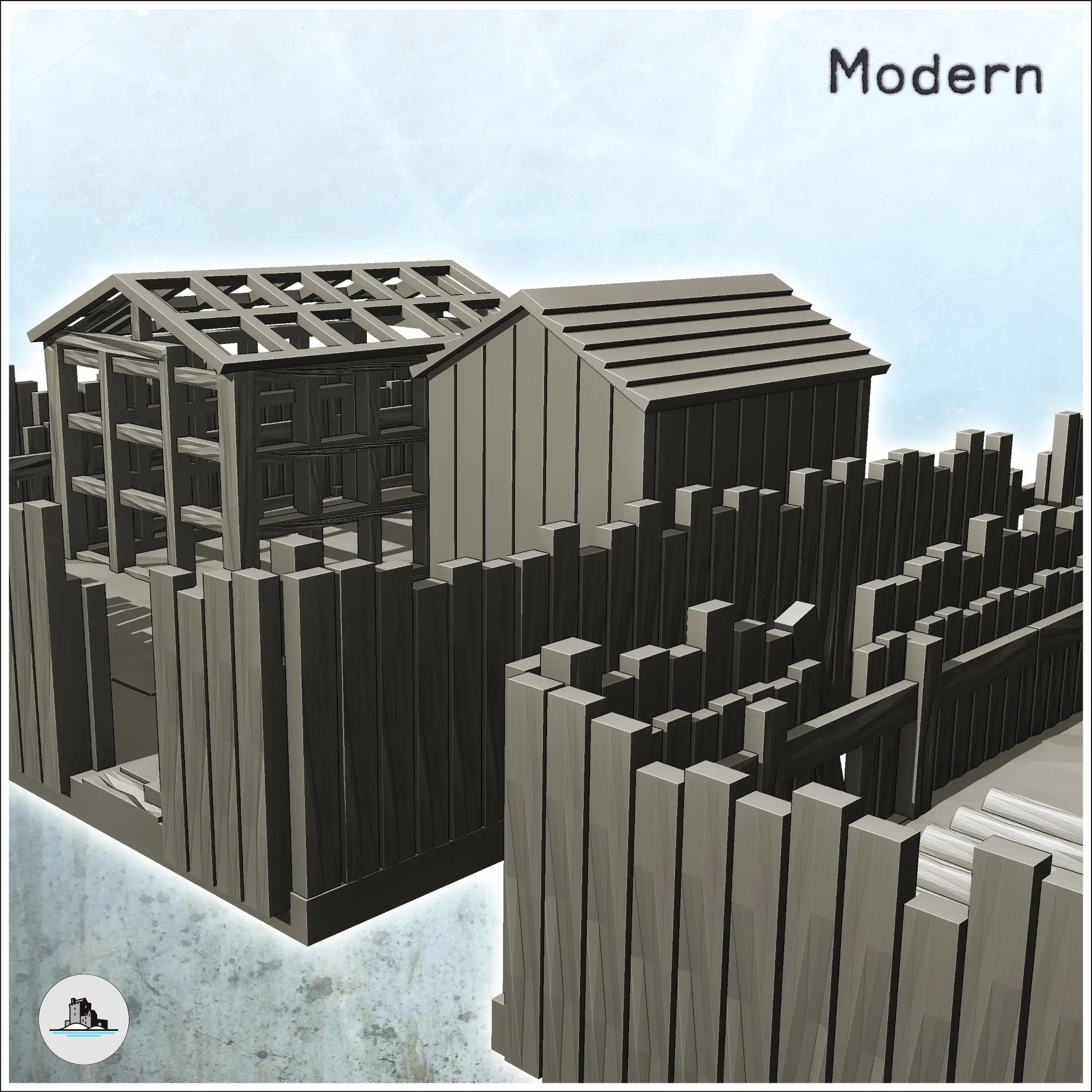 Set of four garden installations with wooden walls and huts | 3D models ...