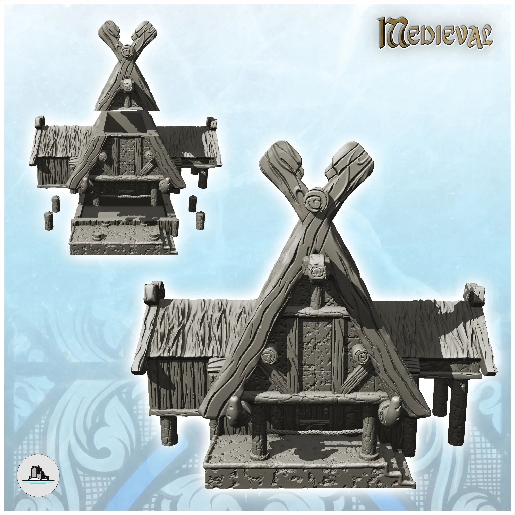 Medieval building with undercroft entrance and stone terrace | 3D ...