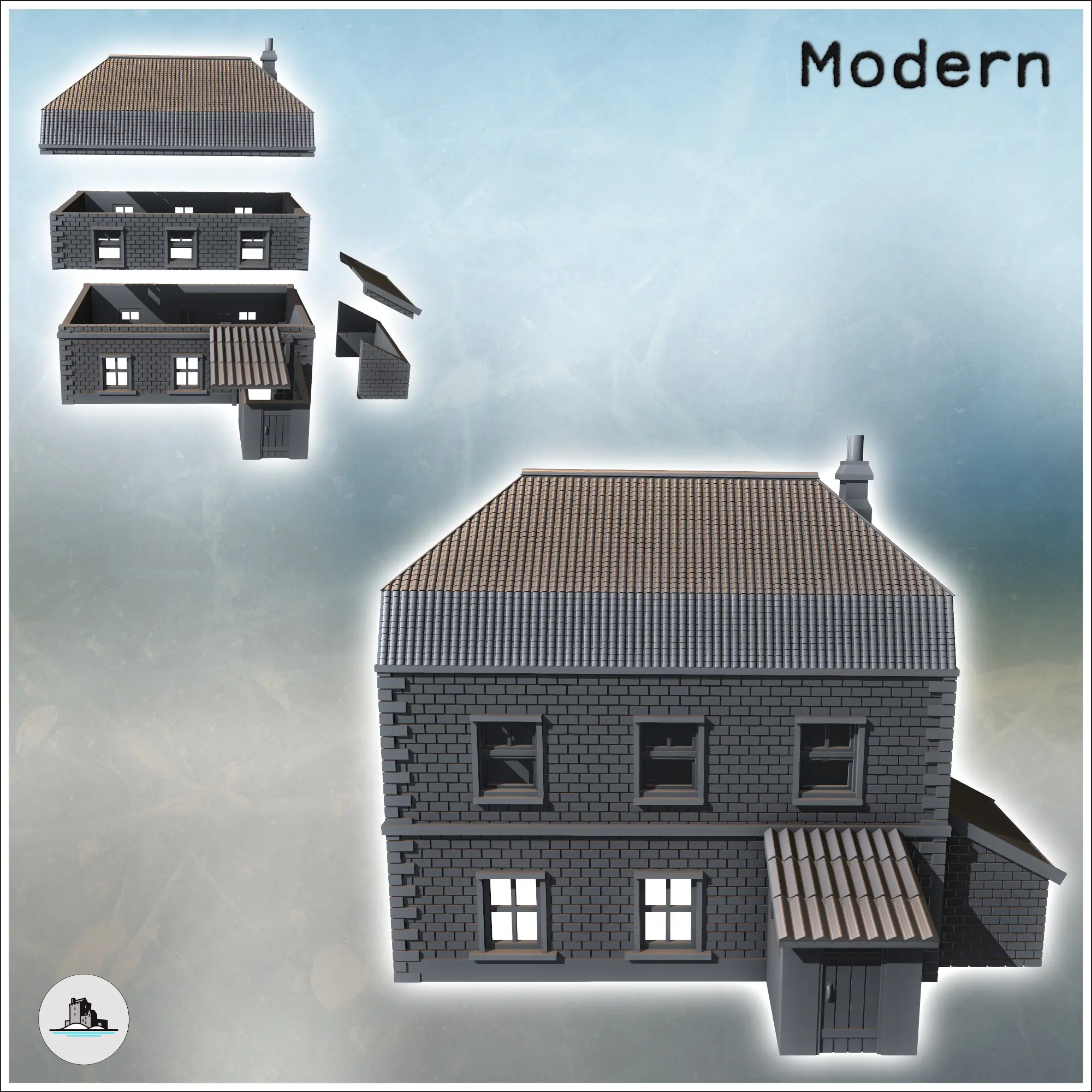 Other STL Download - Brick building with two annexes and mansard roof ...