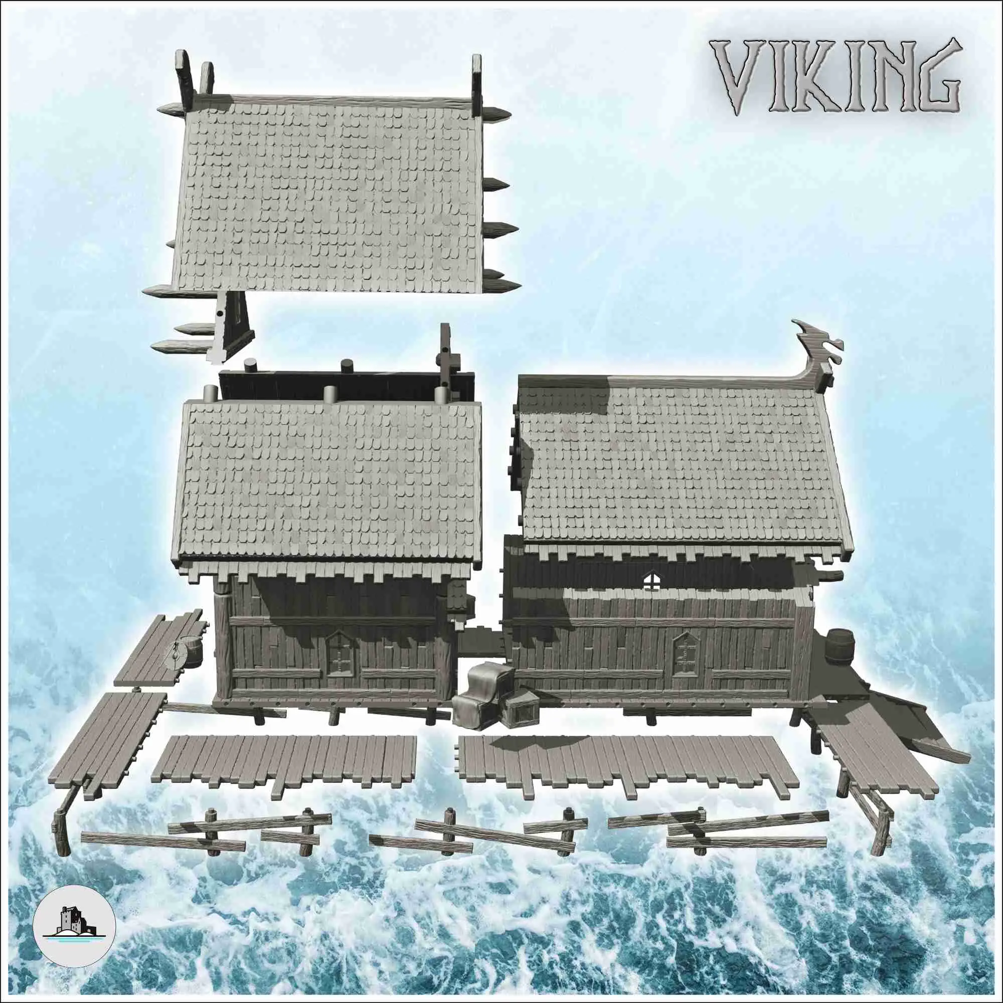 Viking city hall on wooden platform with access stairs (6) - | 3D ...