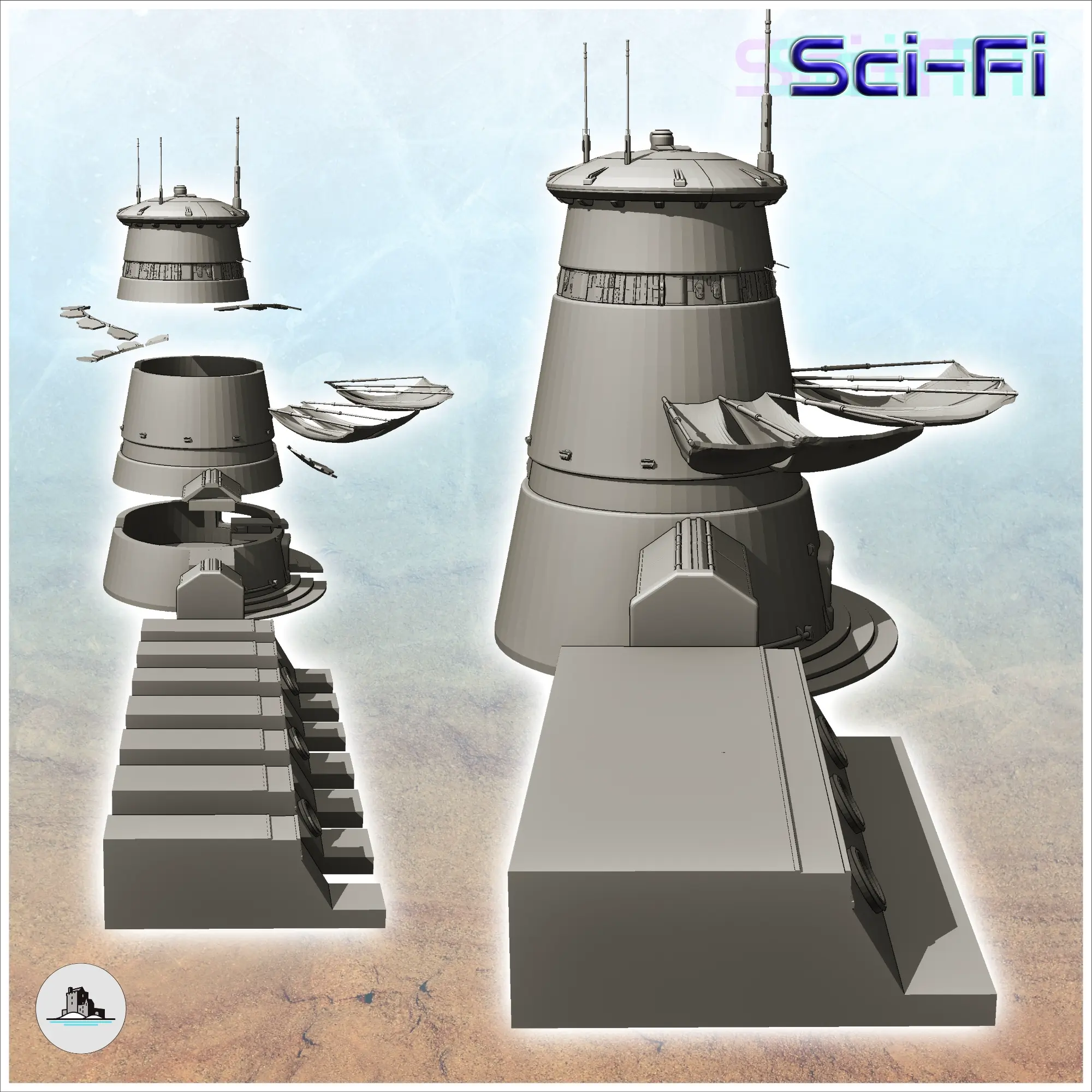 Round futuristic building with large hanging canvas canopy ( | 3D ...