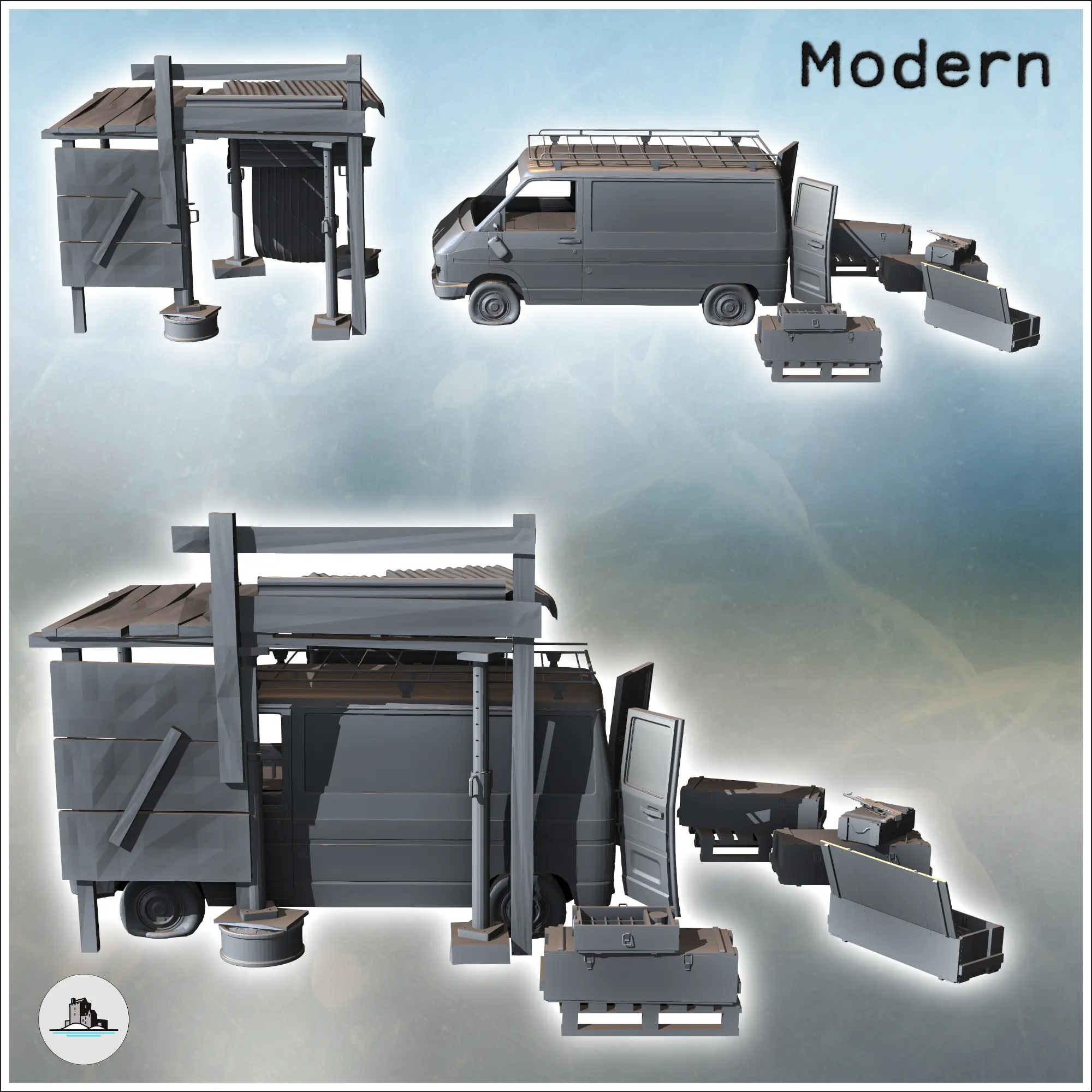 Modern van with open rear doors and crates of weapon ammunit | 3D ...