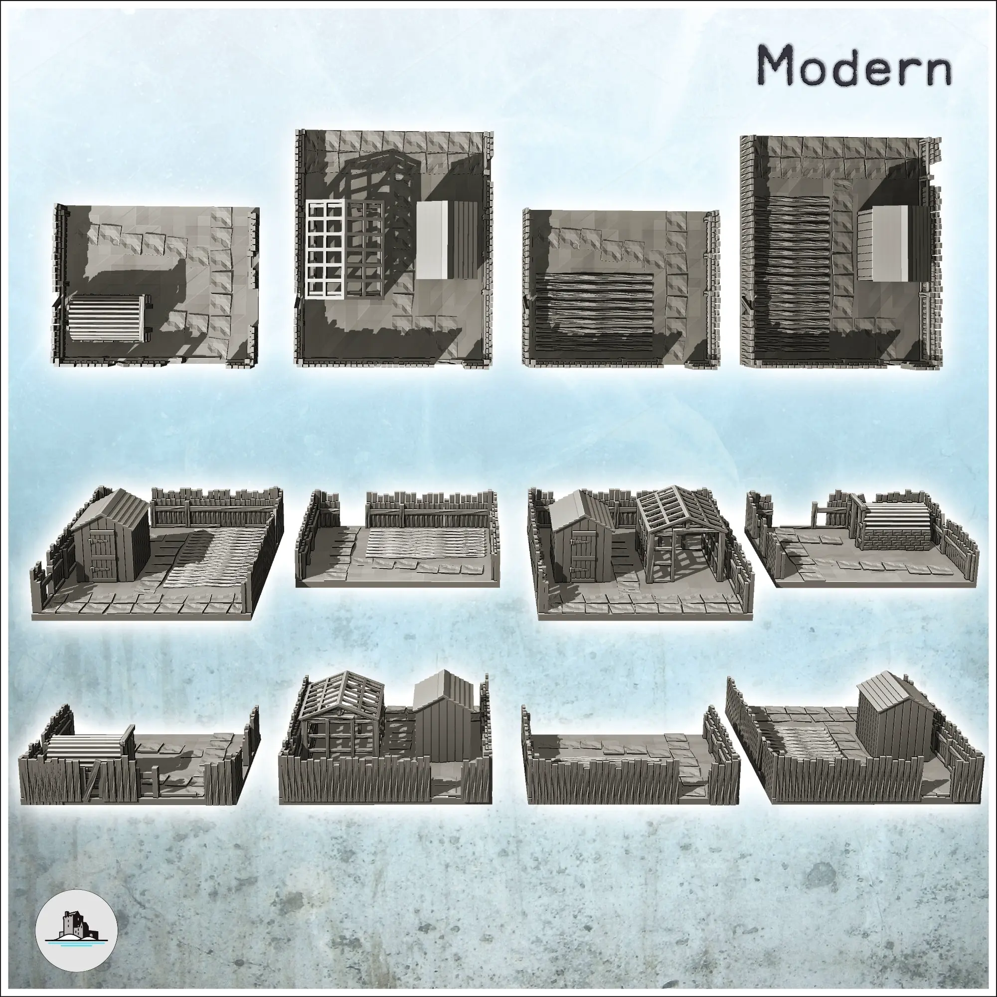 Set of four garden installations with wooden walls and huts | 3D models ...