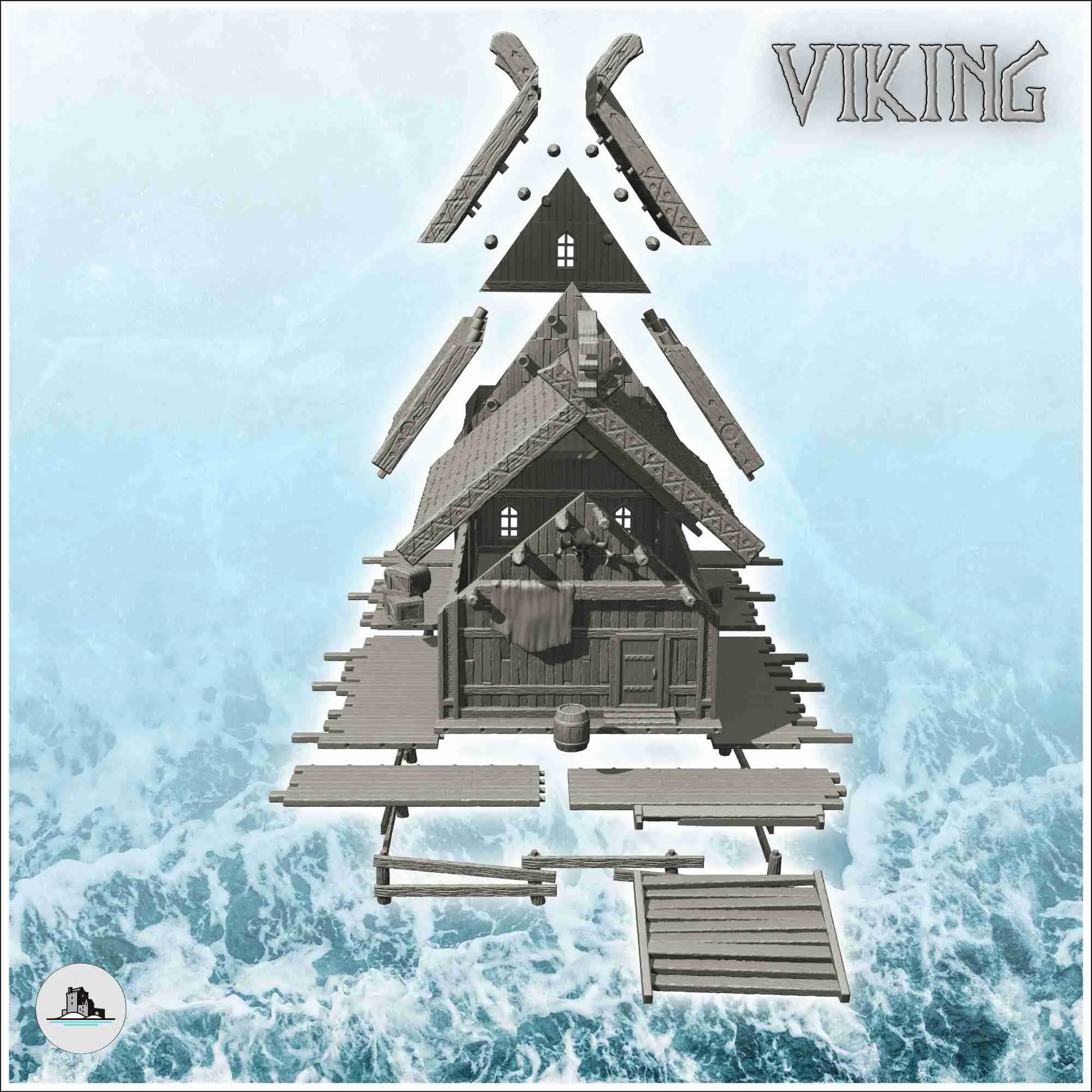 Viking city hall on wooden platform with access stairs (6) - | 3D ...