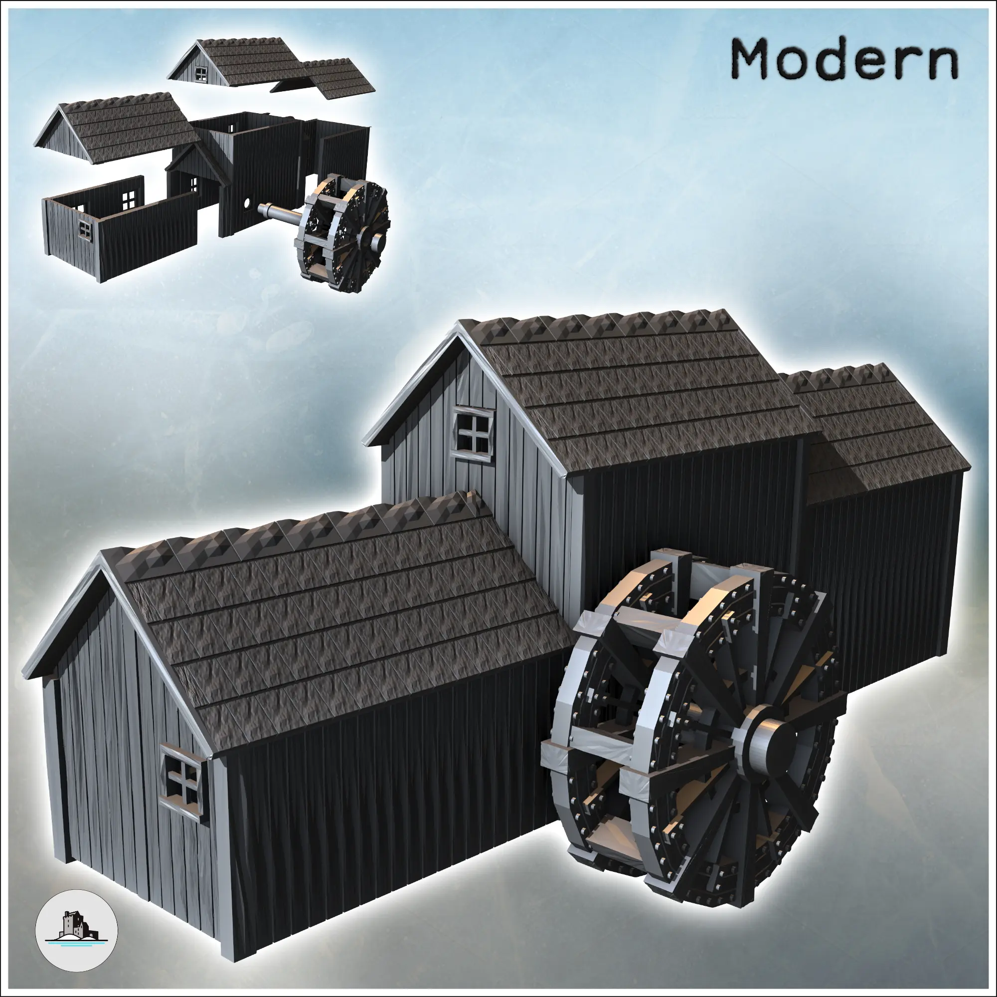 Other STL Download - Rural water mill with a three-part building and a ...