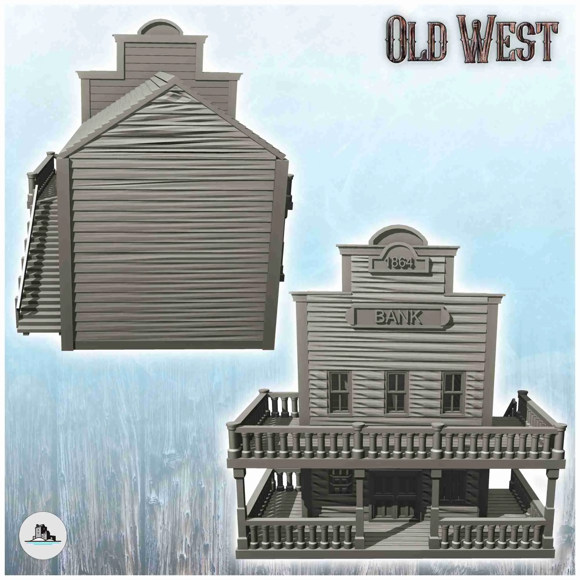Western bank building with stairs and balcony (4) - miniatur | 3D ...
