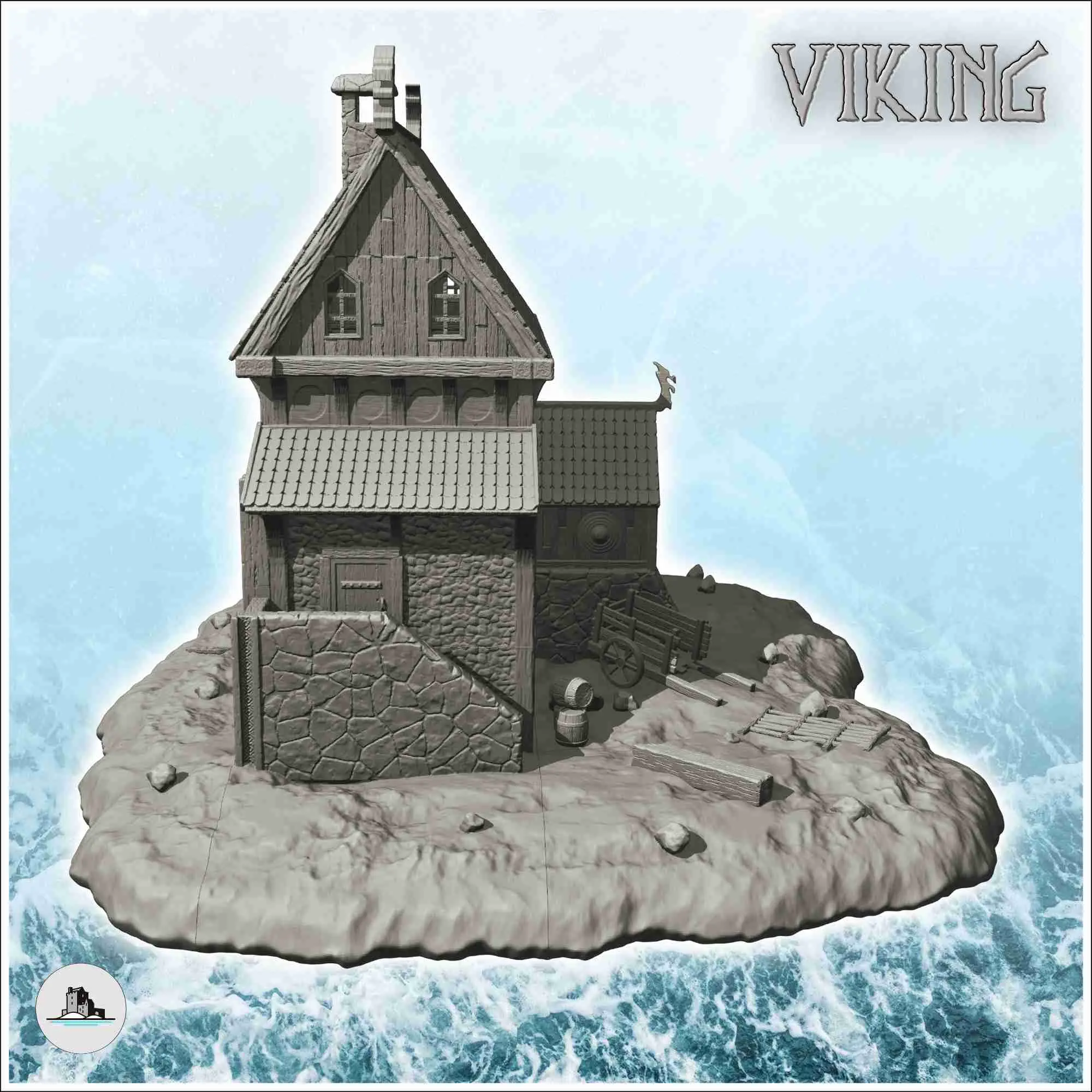 Large wooden and stone Viking house with carved stairs and a | 3D ...