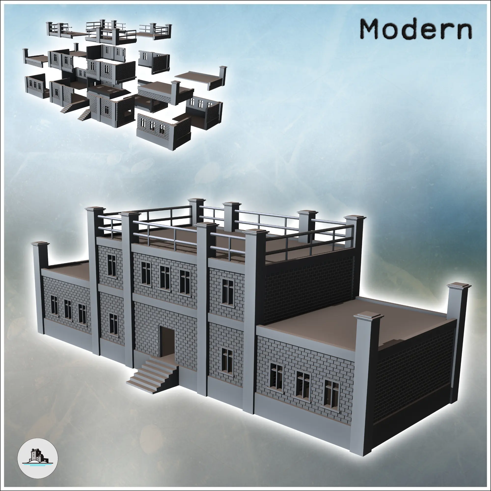 Modern brick building with flat roof, access stairs, and bal | 3D ...
