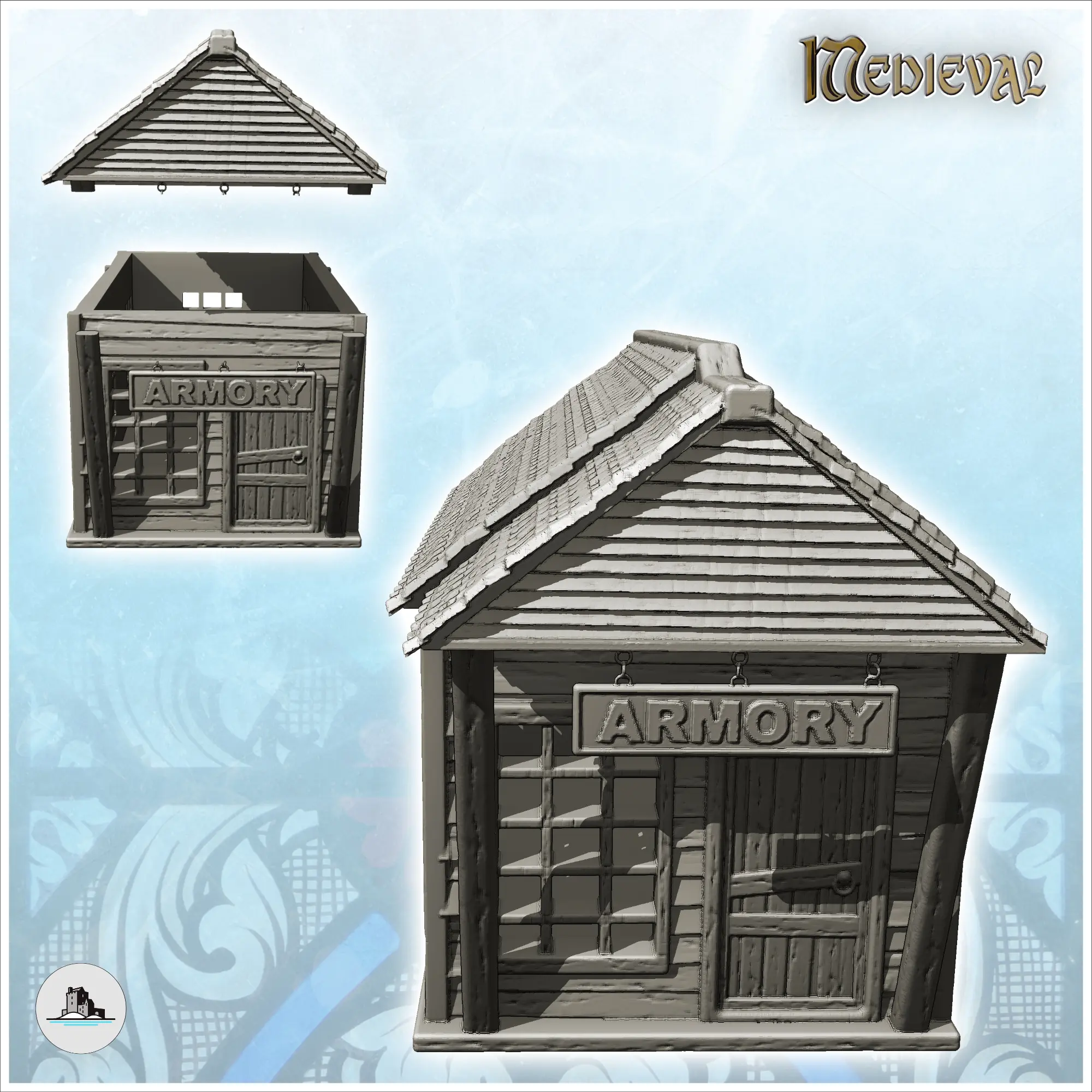 Other STL Download - Medieval wooden armory with tiled roof and large ...