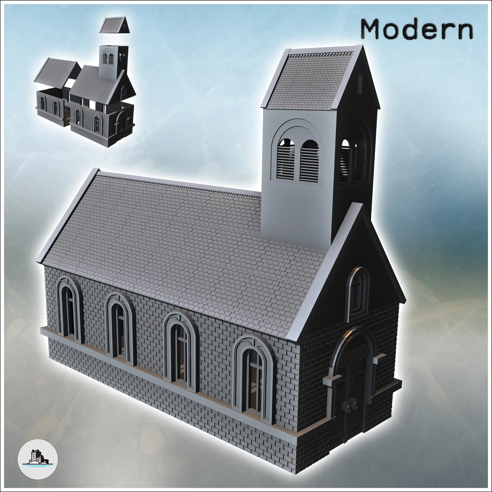 Architectural Models STL Download - Brick church with multiple windows ...