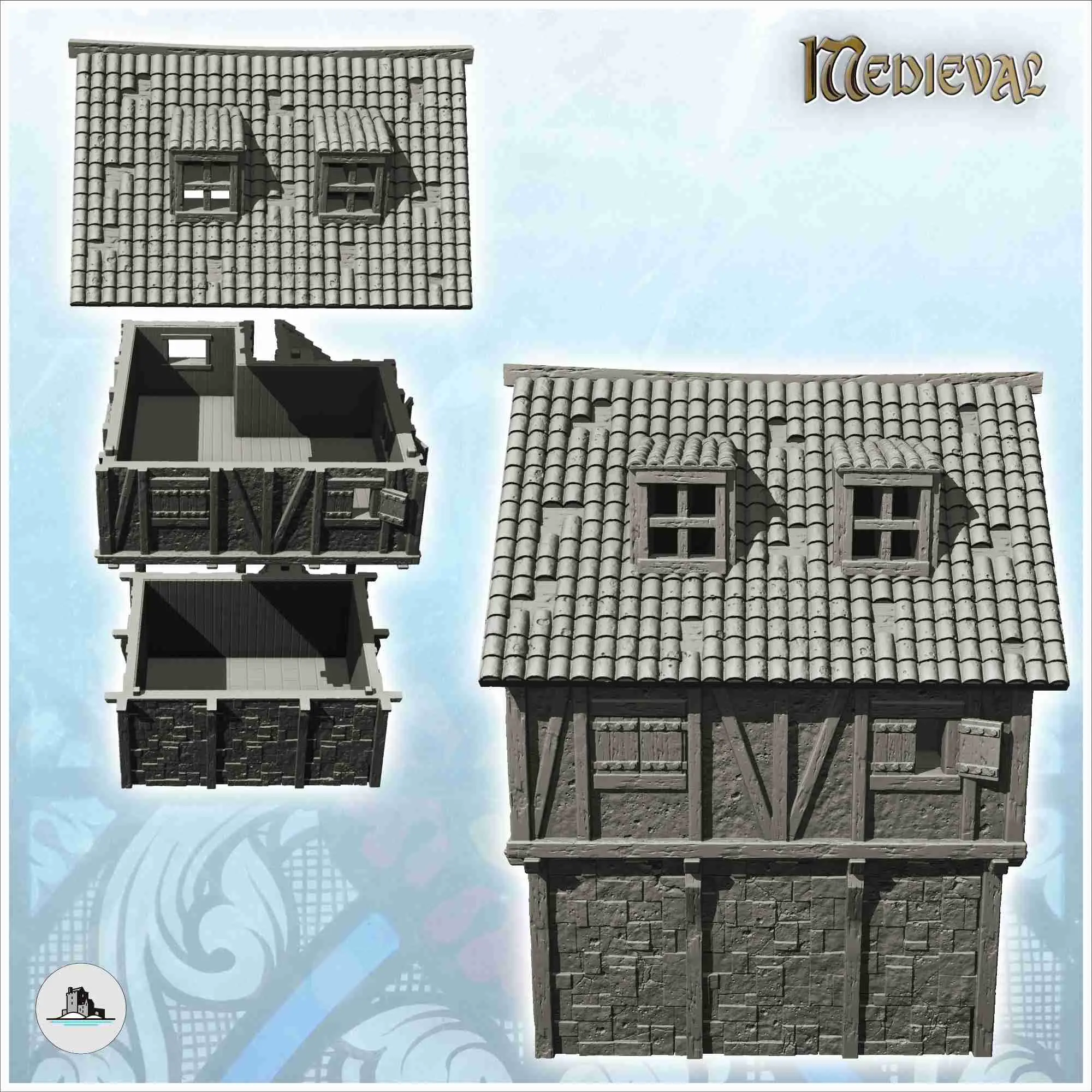 Large medieval stone house with tile roof and window canopy | 3D models ...
