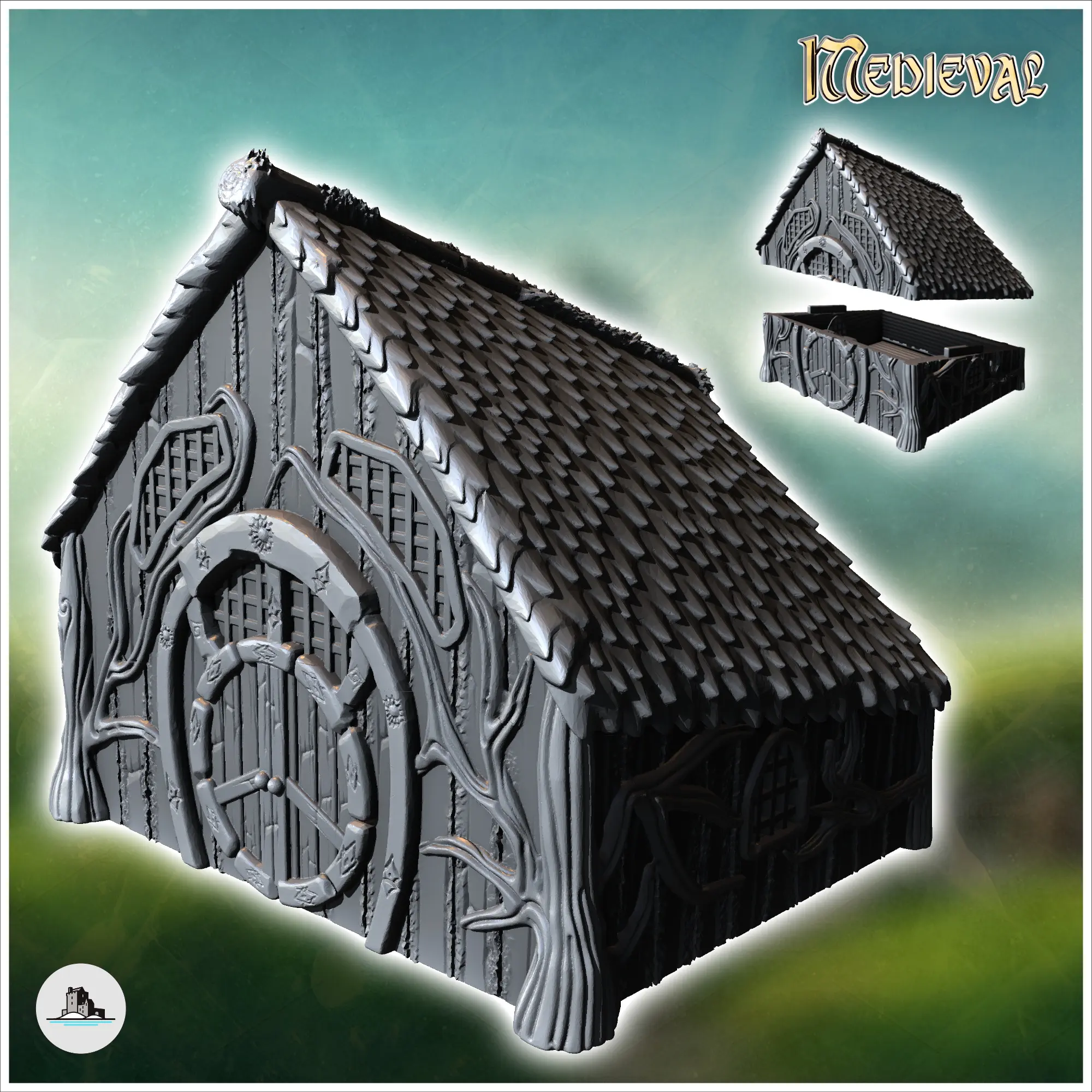 Props & Terrain STL Download - Medieval hobbit house with pitched roof ...