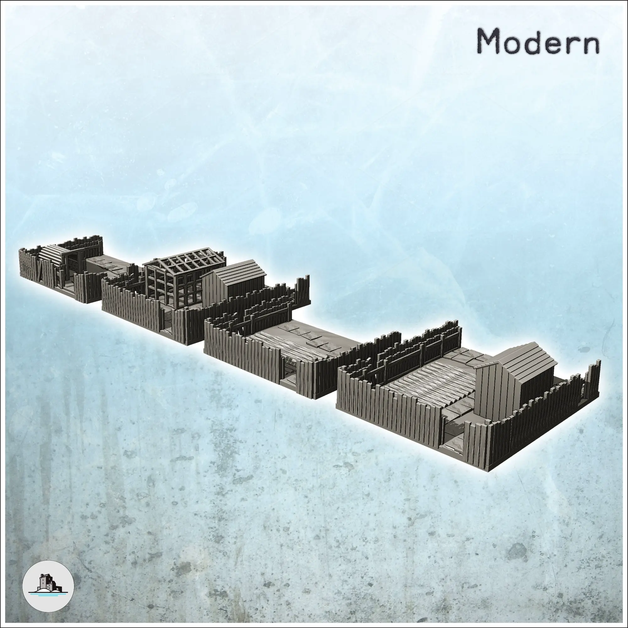 Set of four garden installations with wooden walls and huts | 3D models ...