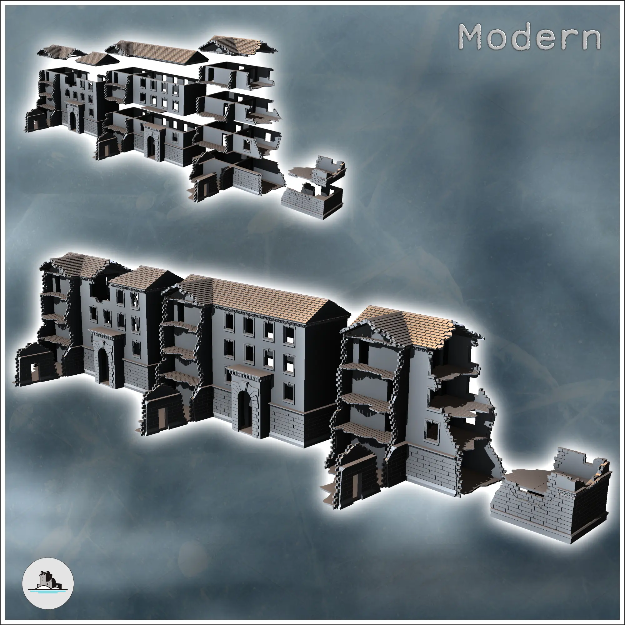 Other STL Download - Set of three modern ruined buildings with central ...